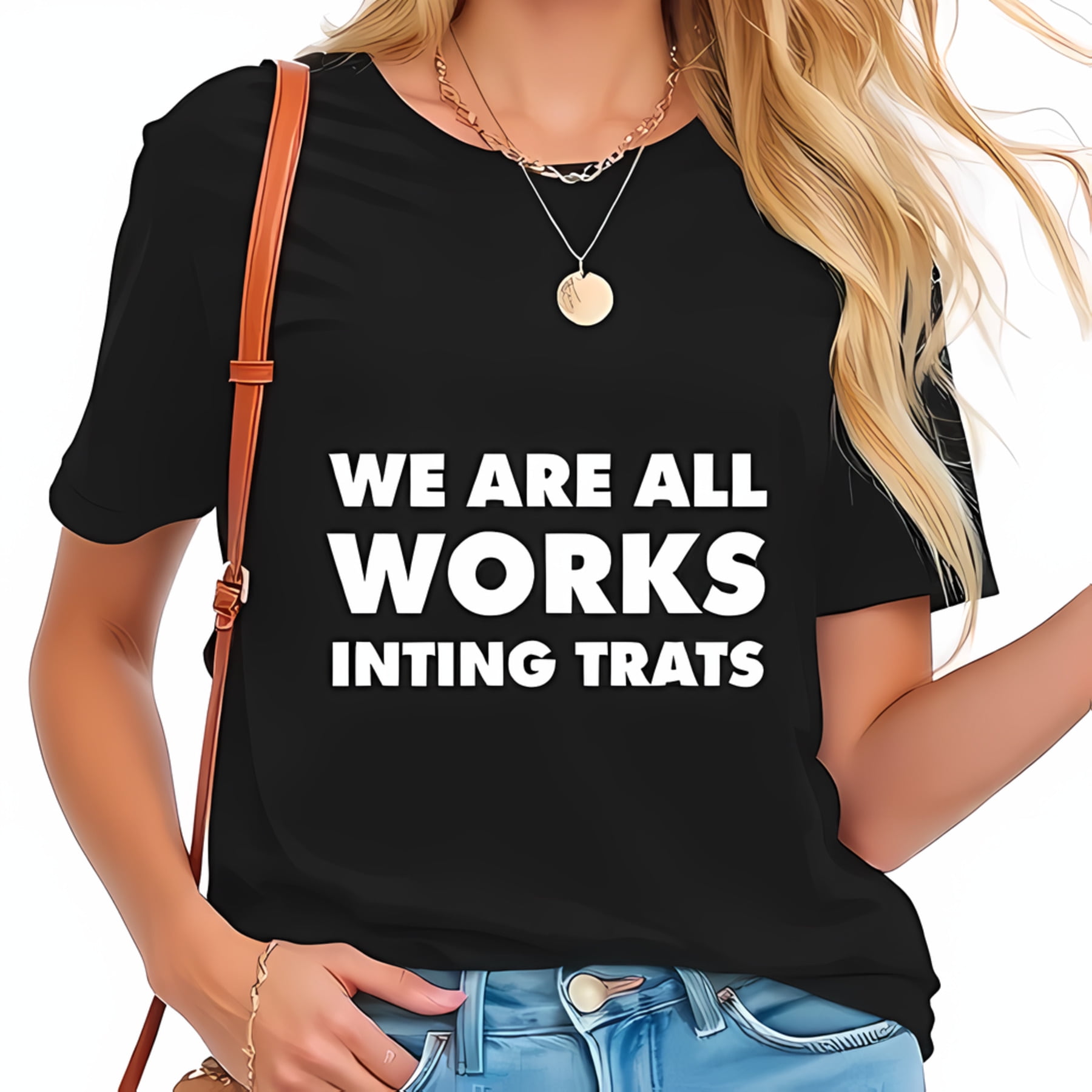 Cotton Short Sleeve T-Shirt with Bold White Text " WE ARE ALL WORKS ...