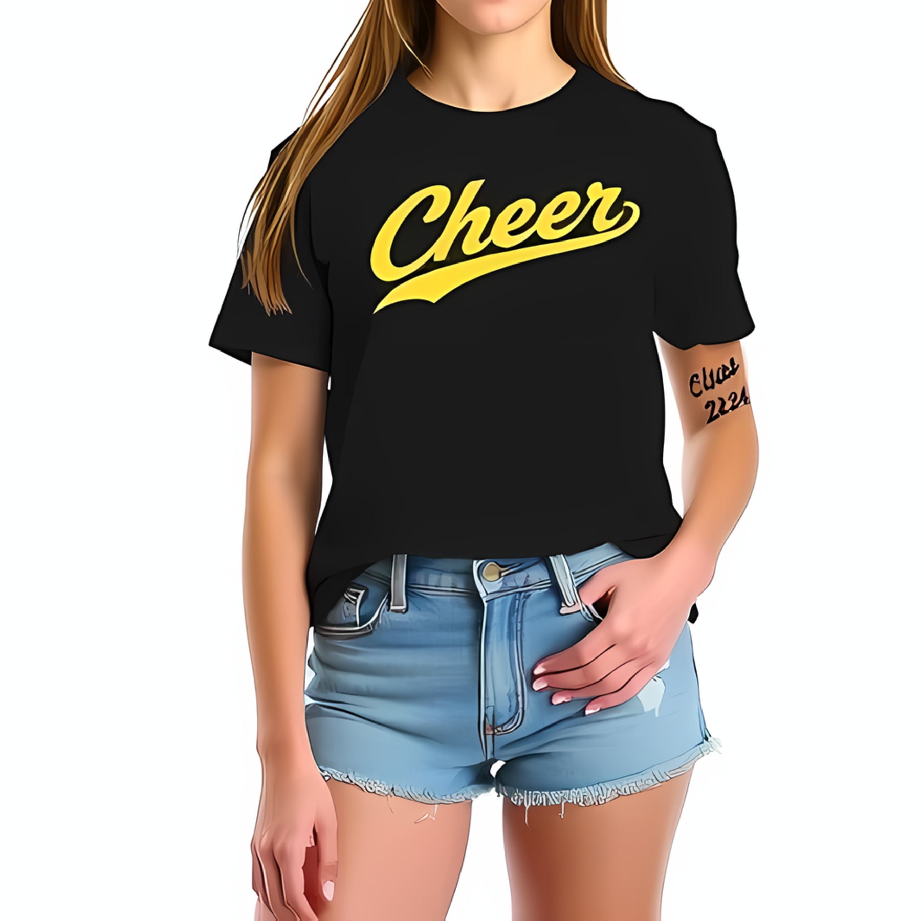 Cotton Short Sleeve T-Shirt with Bold Yellow 'Cheer' Graphic - Relaxed ...