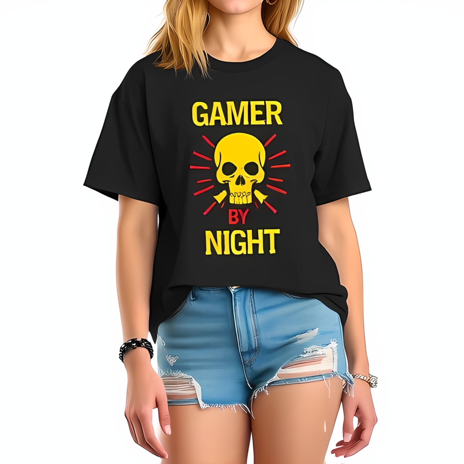 Cotton Short Sleeve T-Shirt with Bold Yellow & Graphic " GAMER BY NIGHT ...