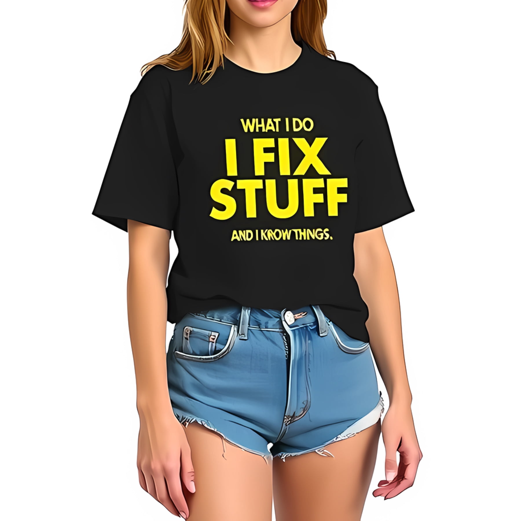 Cotton Short Sleeve T-Shirt with Bold Yellow " What I Do I FIX STUFF ...