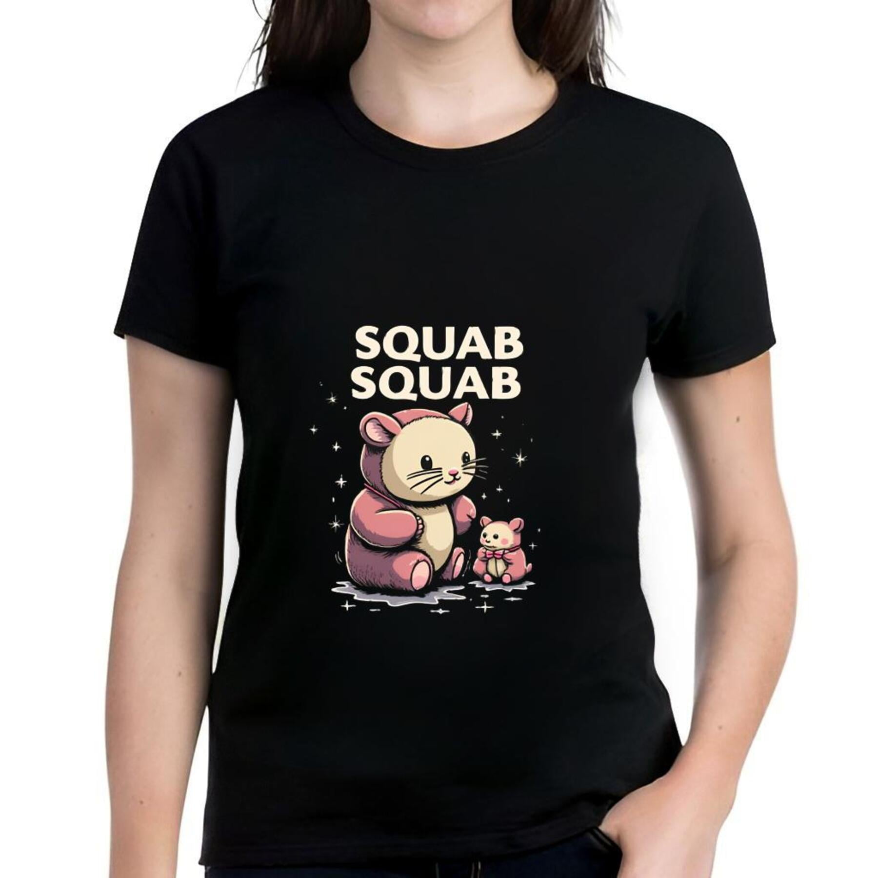 Cotton Short Sleeve T-Shirt with Cartoon Cats Design - 'SQUAB SQUAB ...