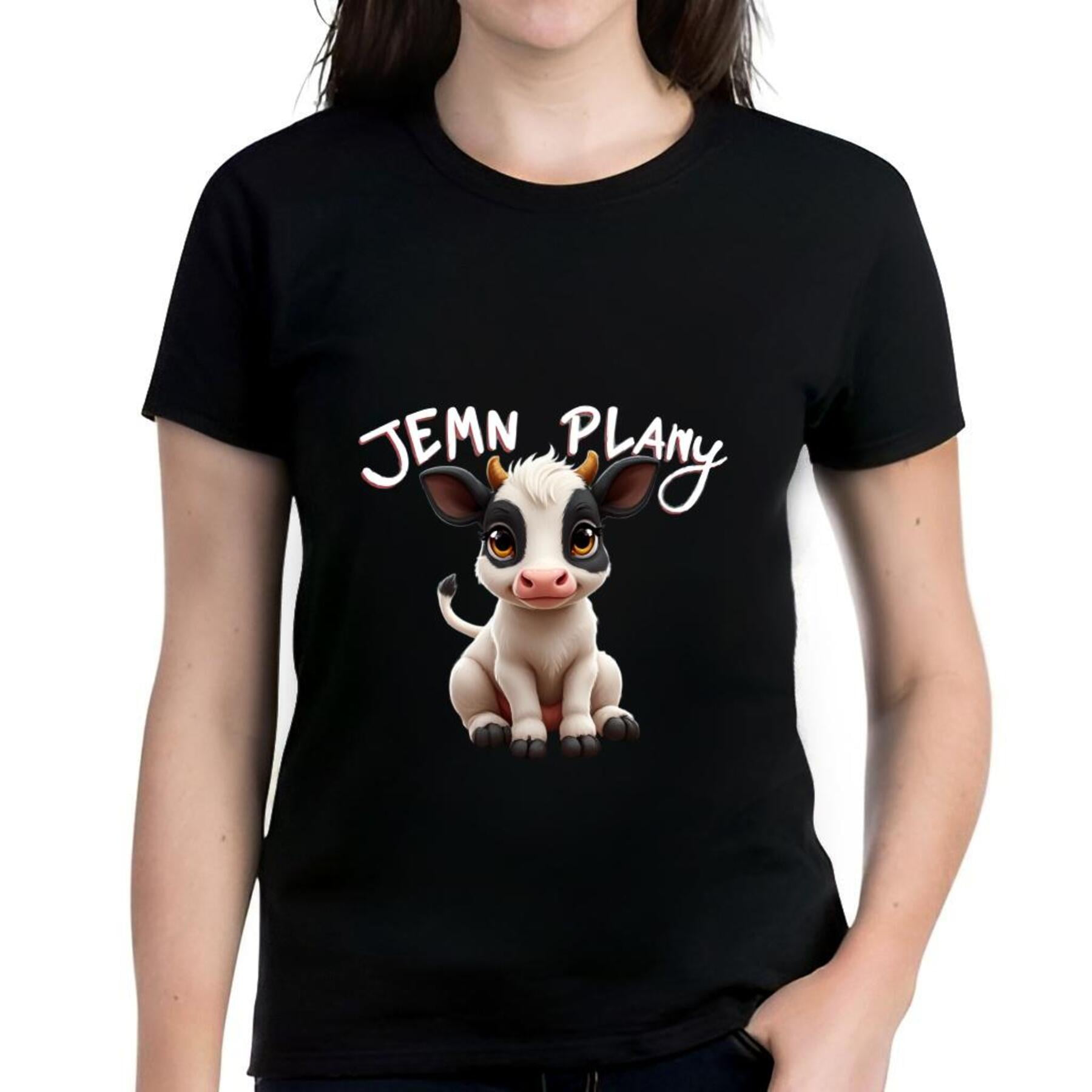 Cotton Short Sleeve T-Shirt with Cartoon Cow Design - Expressive Eyes ...
