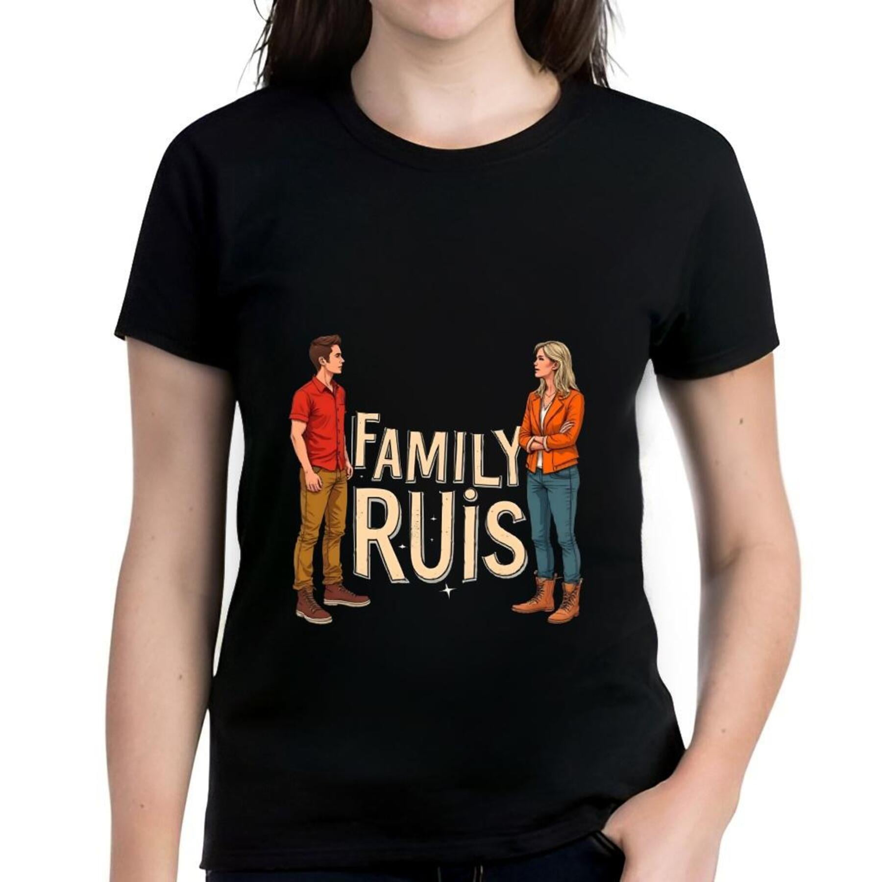 Cotton Short Sleeve T-Shirt with Cartoon Family Design - Bold 'FAMILY RUIS' Text Fun ...