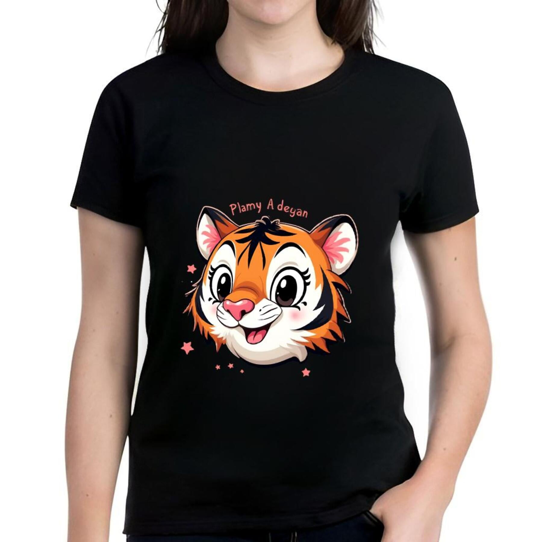 Cotton Short Sleeve T-Shirt with Cartoon Tiger Face Design - Expressive ...