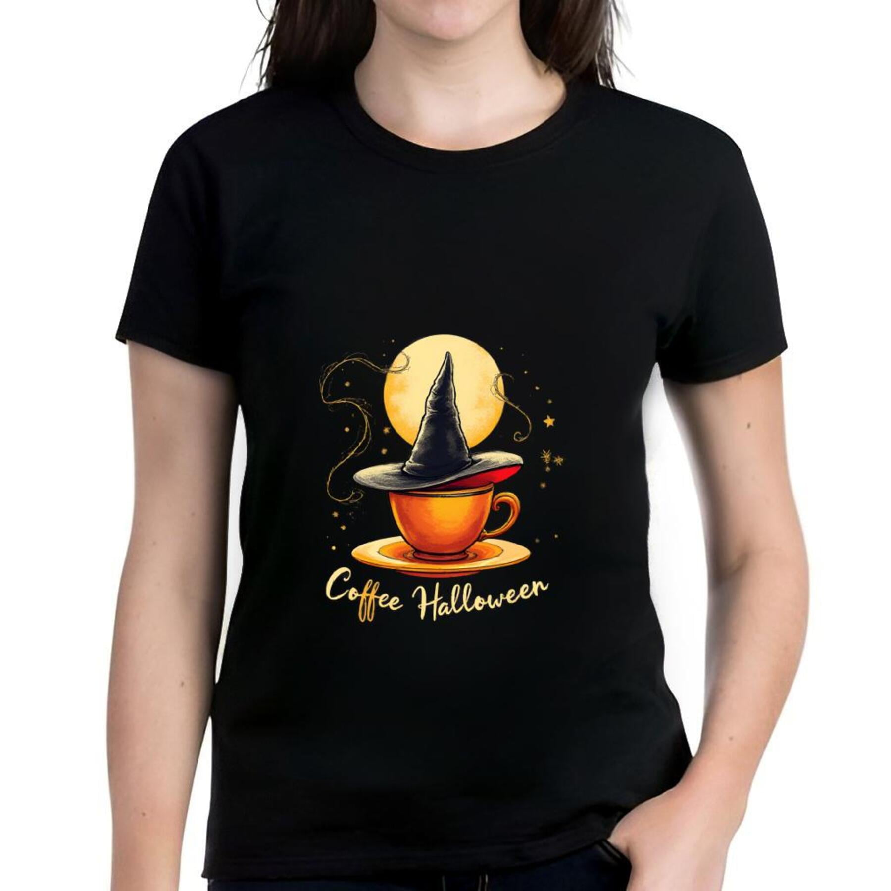 Cotton Short Sleeve T-Shirt with Coffee Cup & Witch's Hat Graphic ...