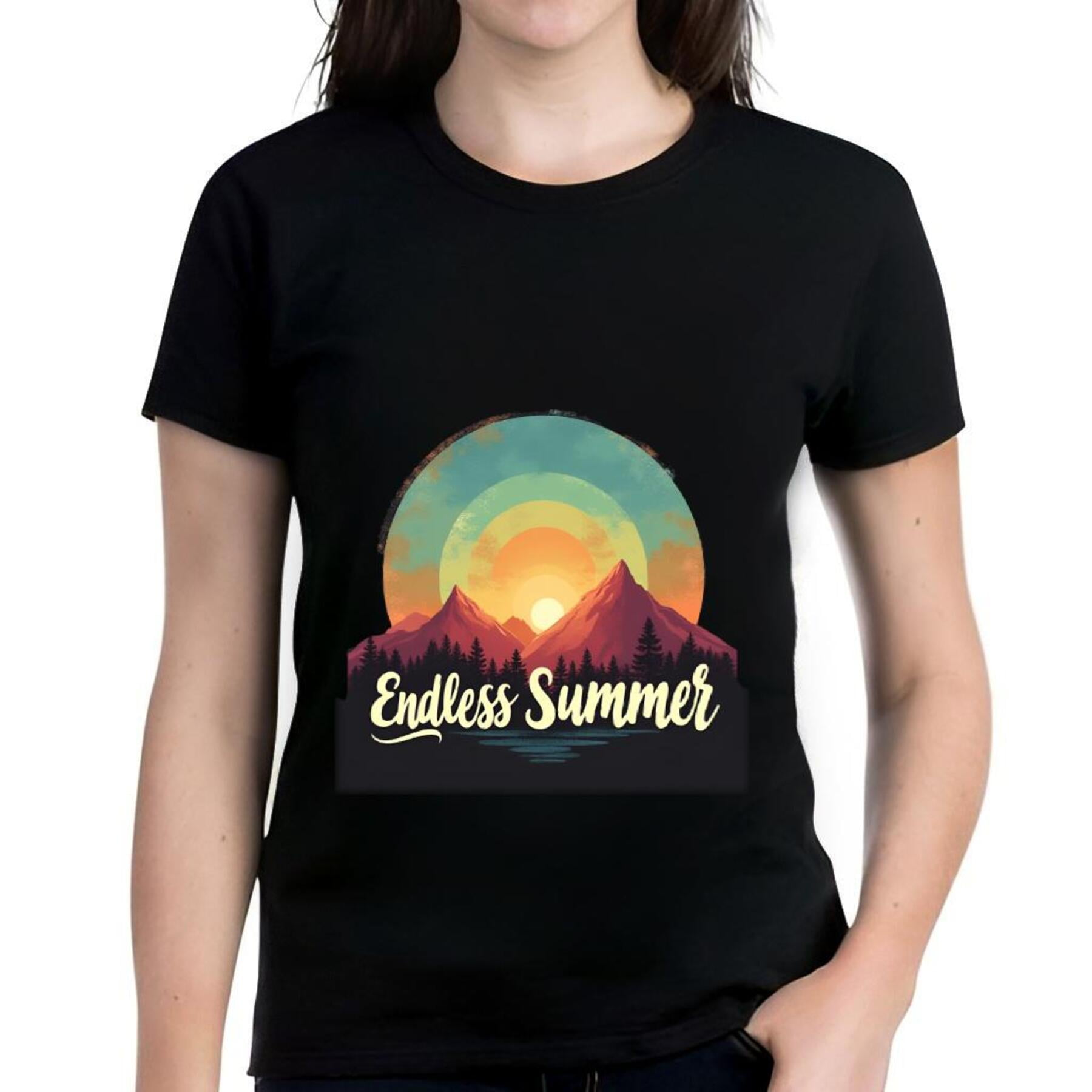 Cotton Short Sleeve T-Shirt with Colorful Sunset Graphic Design ...