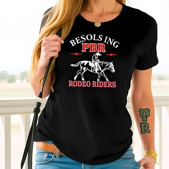 Cotton Short Sleeve T-Shirt with Cowboy Riding Graphic & " BESOLS PBR ...