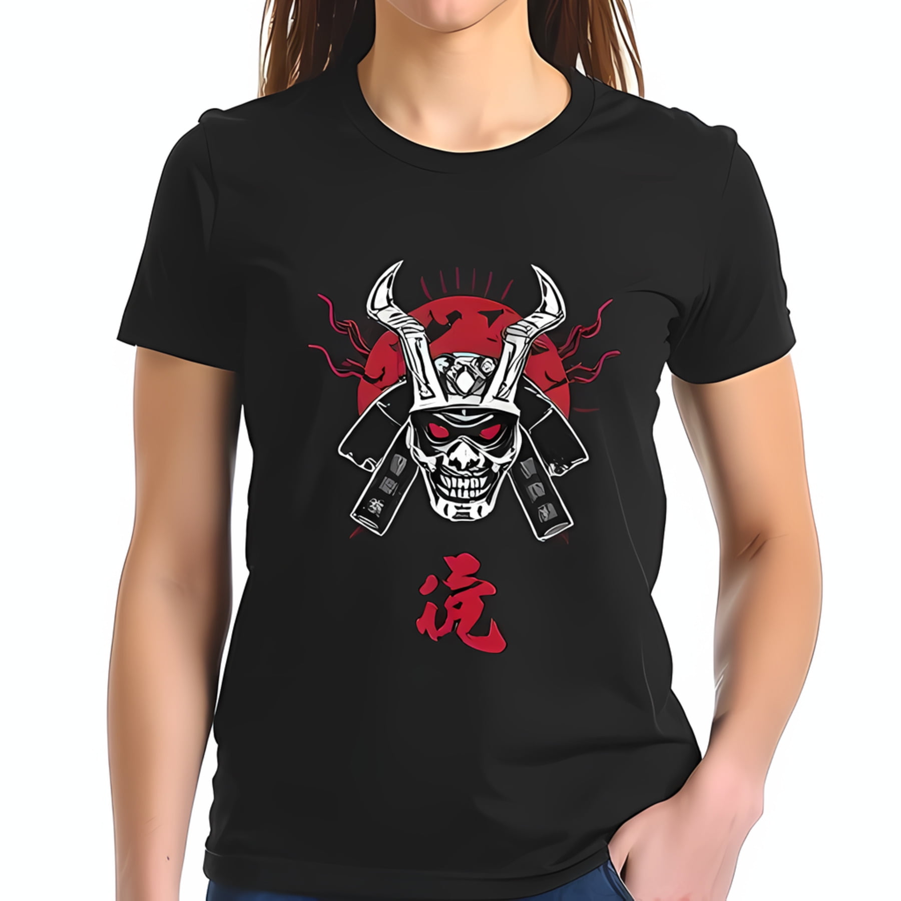 Cotton Short Sleeve T-Shirt with Crossed Samurai Graphic Red Wave ...