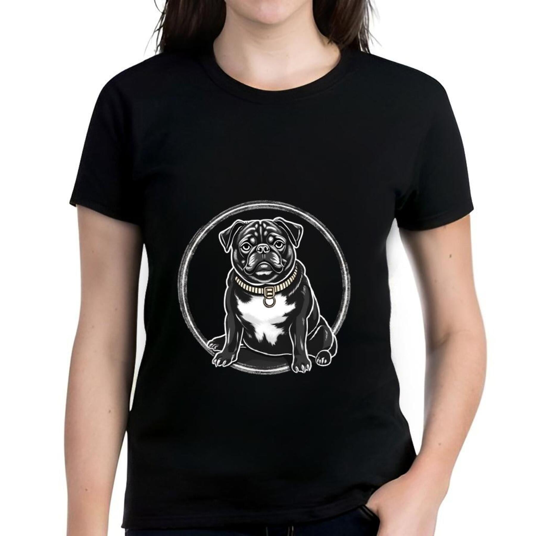 Cotton Short Sleeve T-Shirt with Cute Pug Illustration in Circular ...