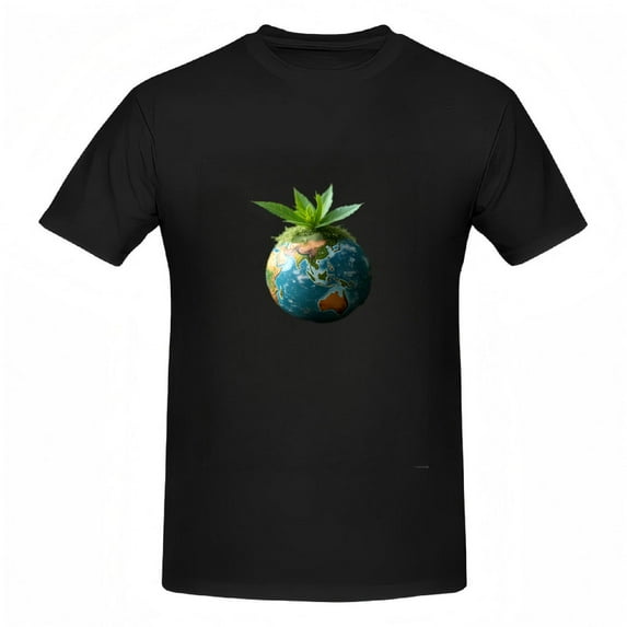 Cotton Short Sleeve T-Shirt with Earth Graphic & Green Plant Design ...