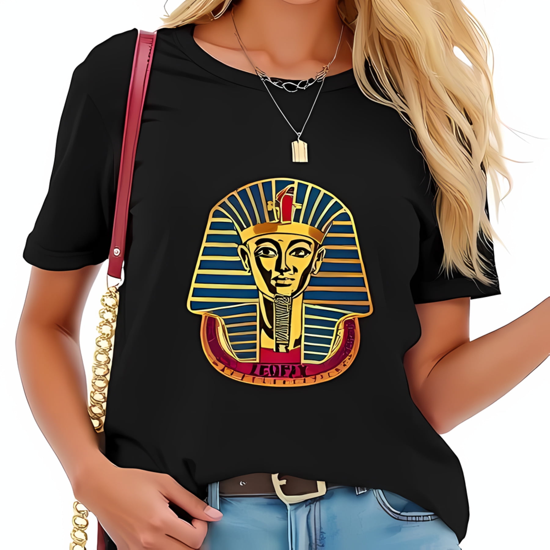 Cotton Short Sleeve T-Shirt with Gold and Blue Tutankhamun Death Mask ...