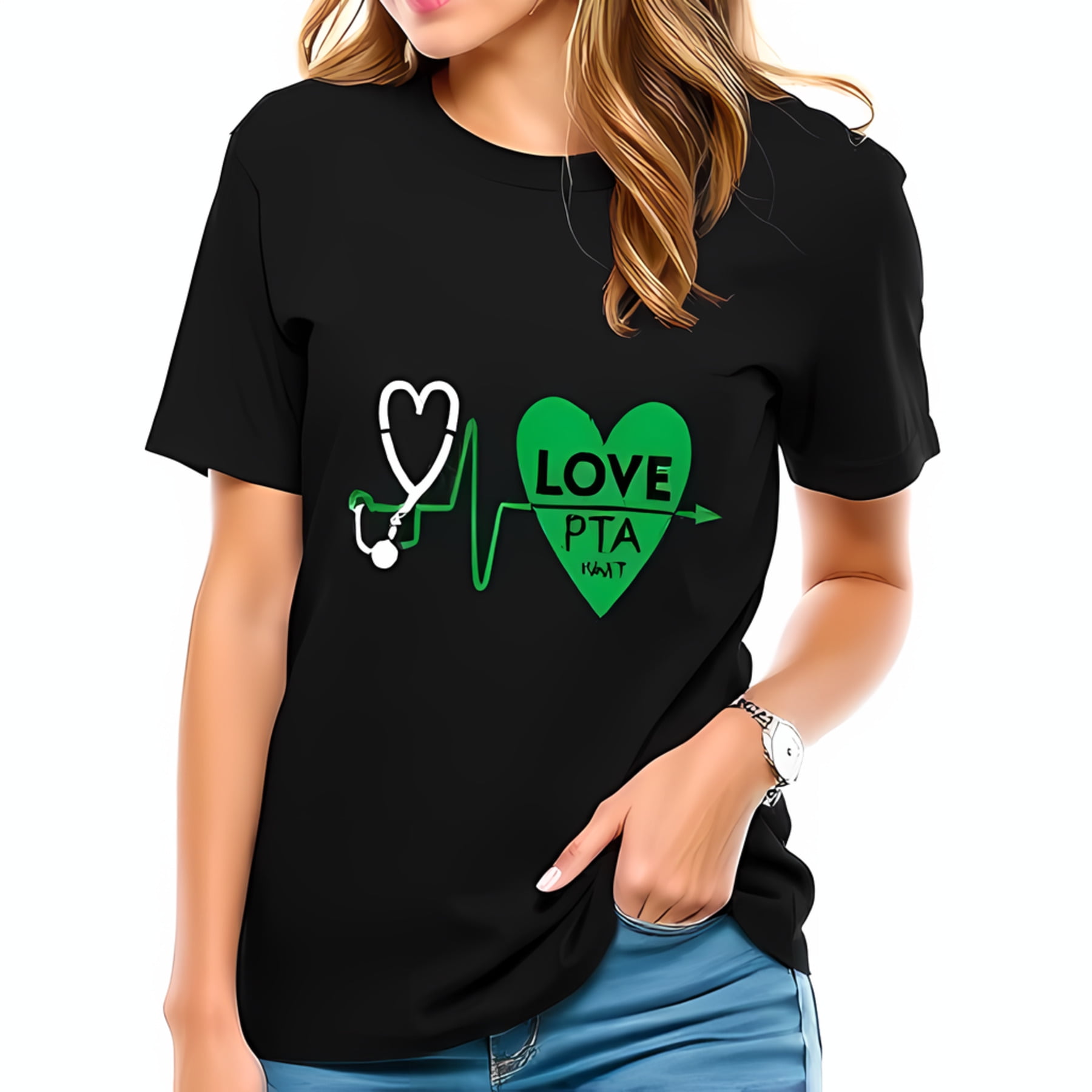 Cotton Short Sleeve T-Shirt with Green Heart Graphic & EKG Line - " LOVE PTA " Design - Walmart.com