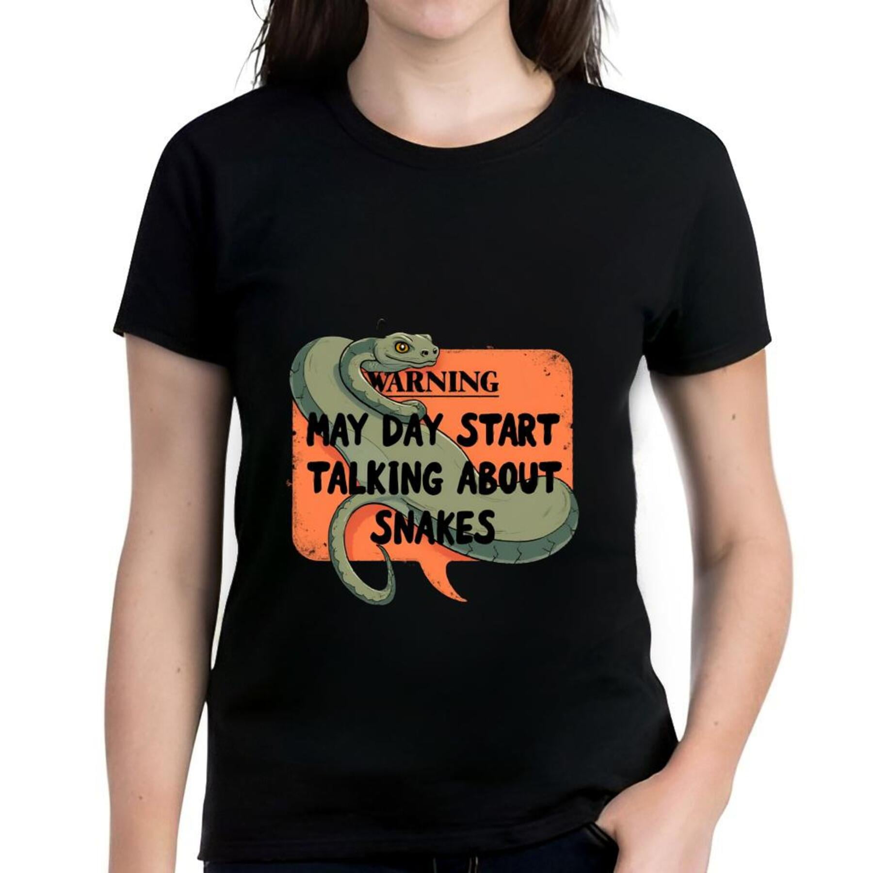 Cotton Short Sleeve T-Shirt with Green Snake Graphic & Orange 'WARNING ...