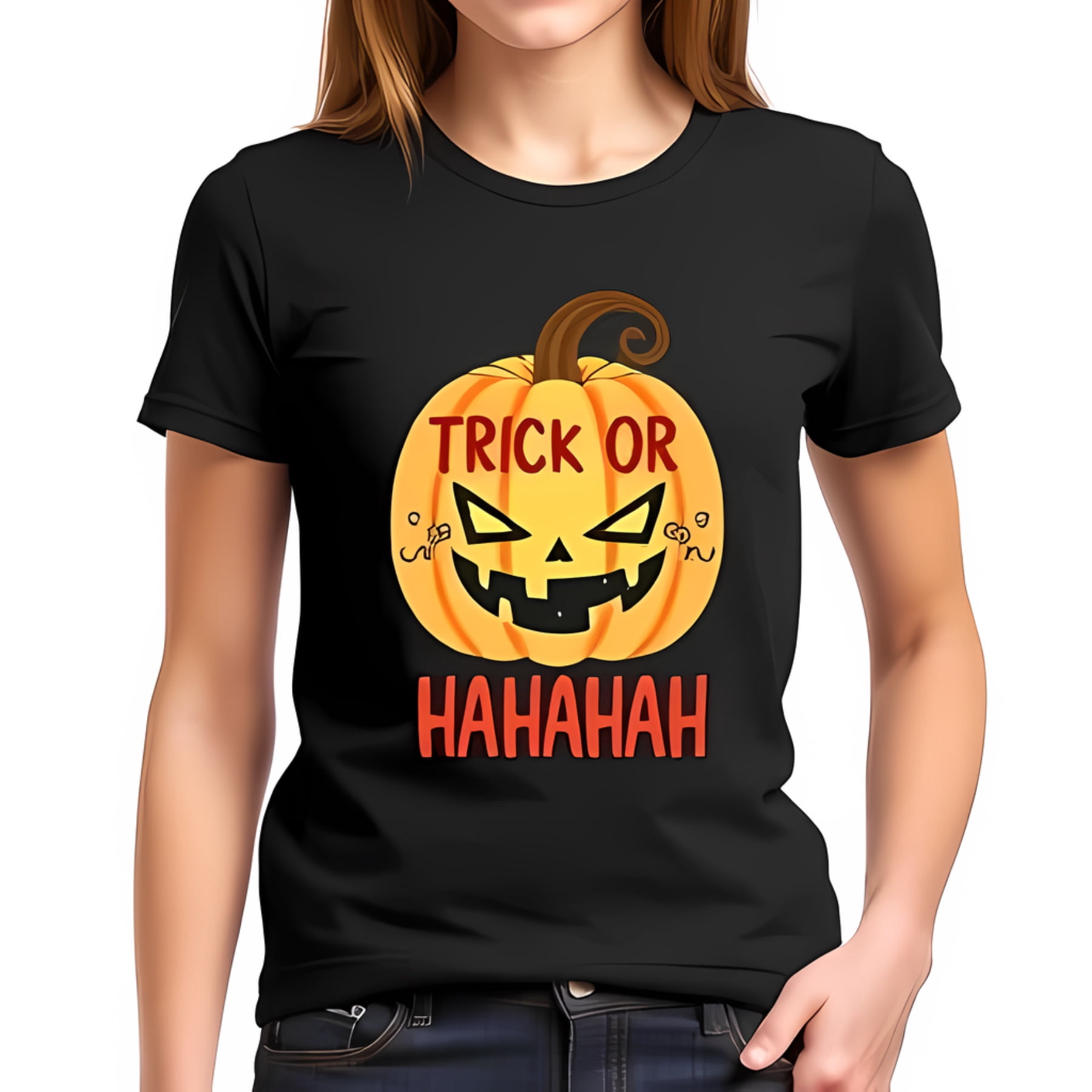 Cotton Short Sleeve T-Shirt with Grinning -o Trick or Hahahahah' Text ...