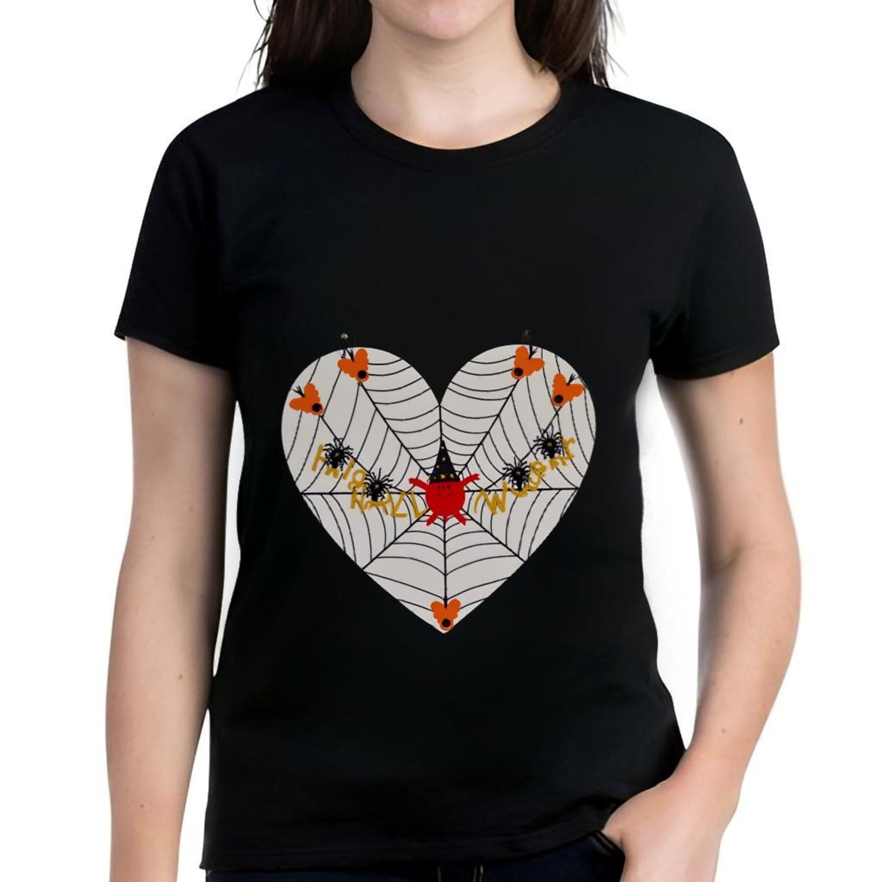 Cotton Short Sleeve T-Shirt with Heart - Shaped Spider Web Design ...