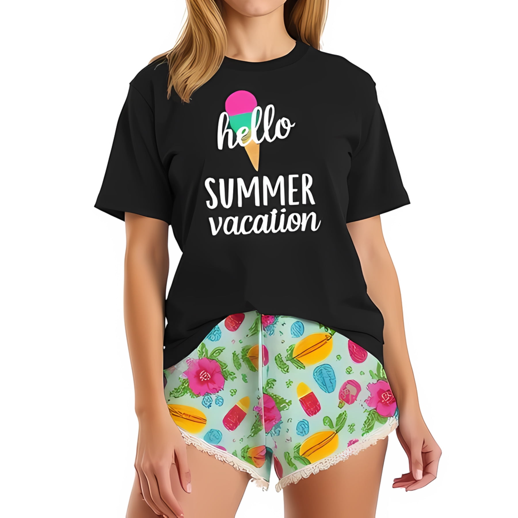 Cotton Short Sleeve T-Shirt with 'Hello Summer Vacation' Print ...
