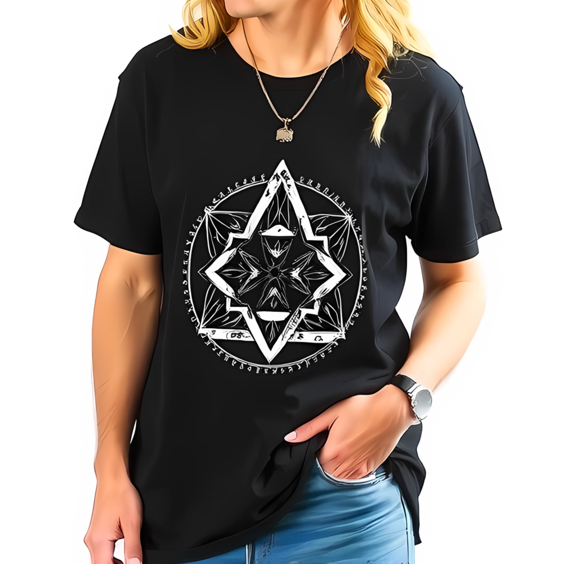 Cotton Short Sleeve T-Shirt with Intricate White Graphic Design - Style ...