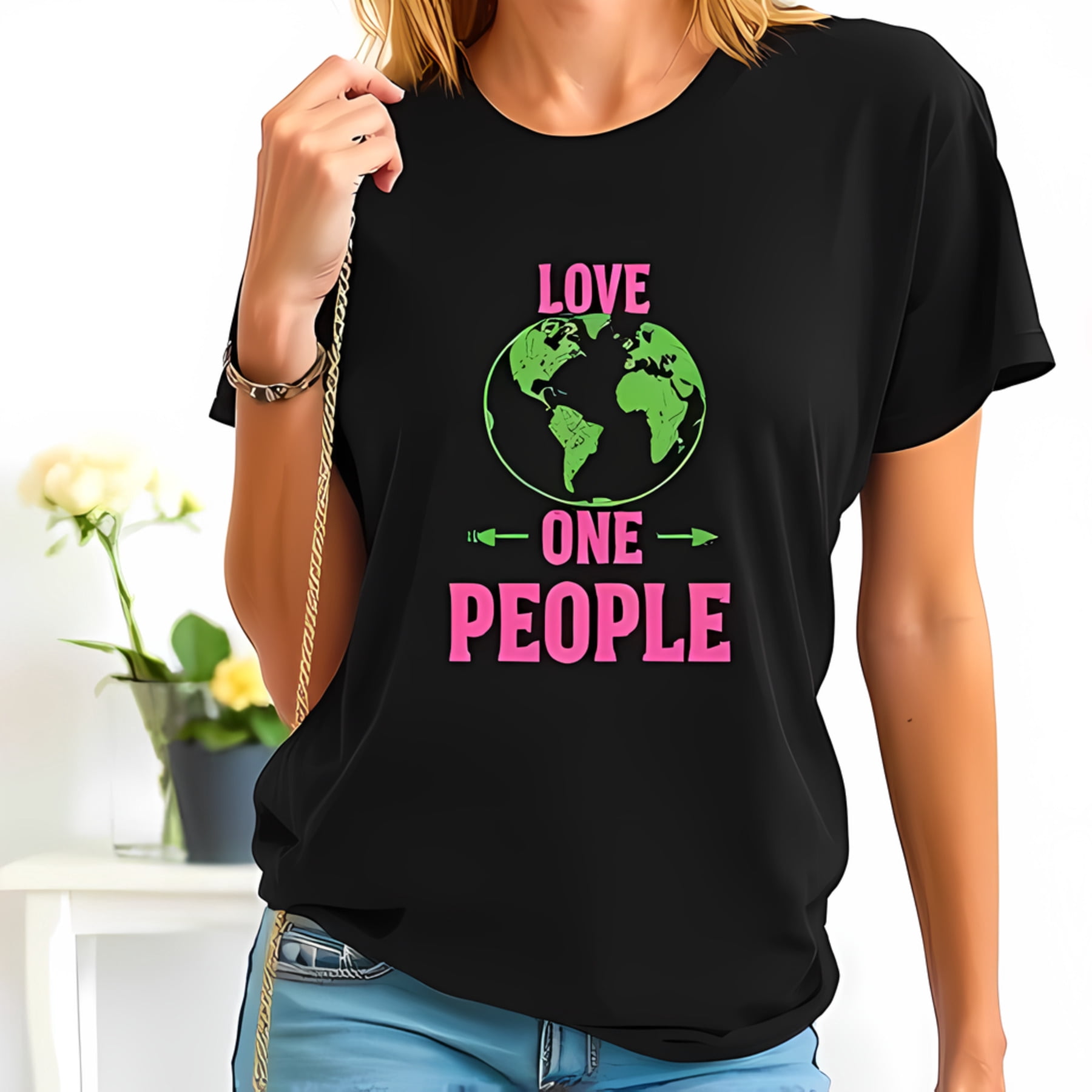 Cotton Short Sleeve T-Shirt with 'LOVE ONE PEOPLE' Graphic in Pink ...