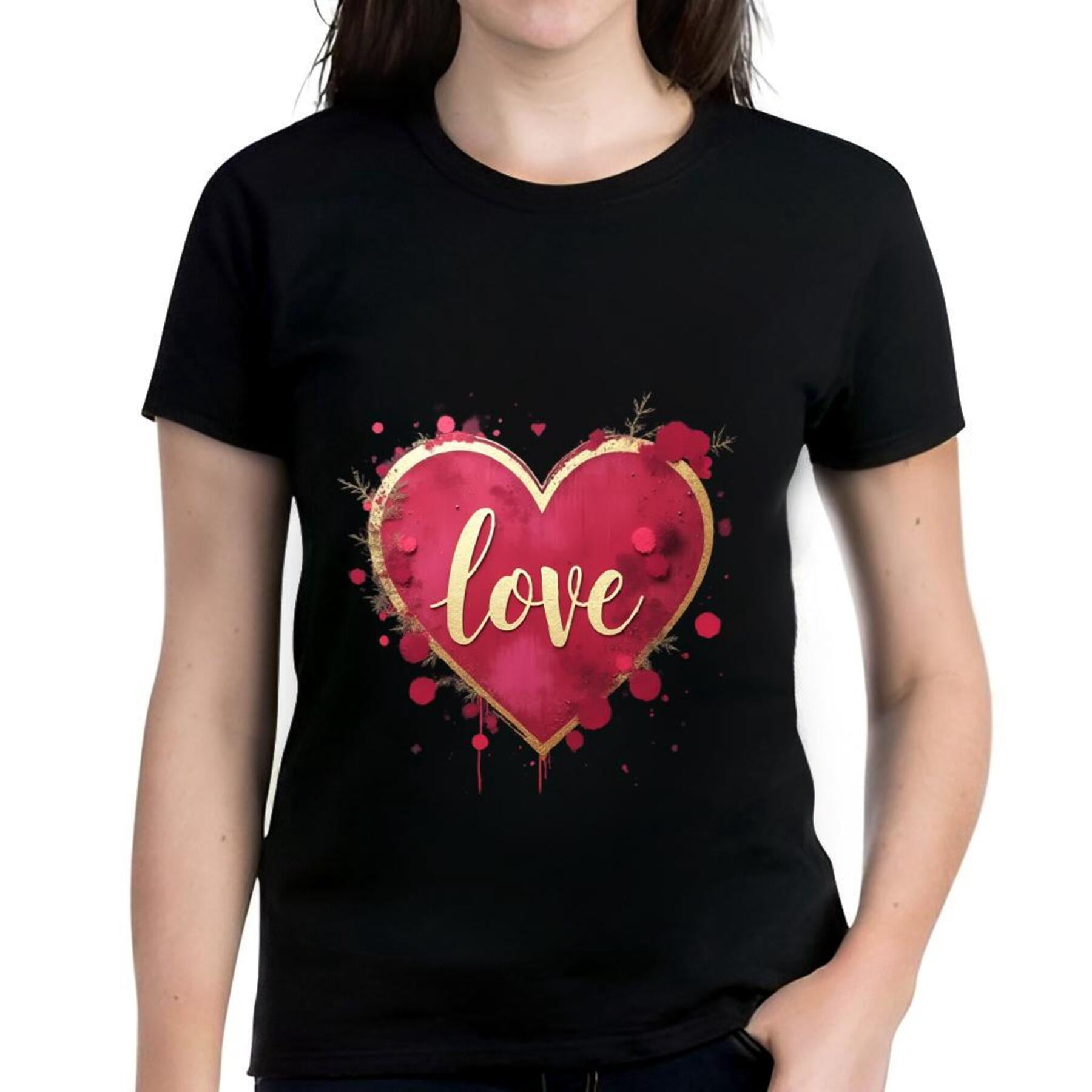 Cotton Short Sleeve T-Shirt with Large Red Heart Design Gold Outline ...