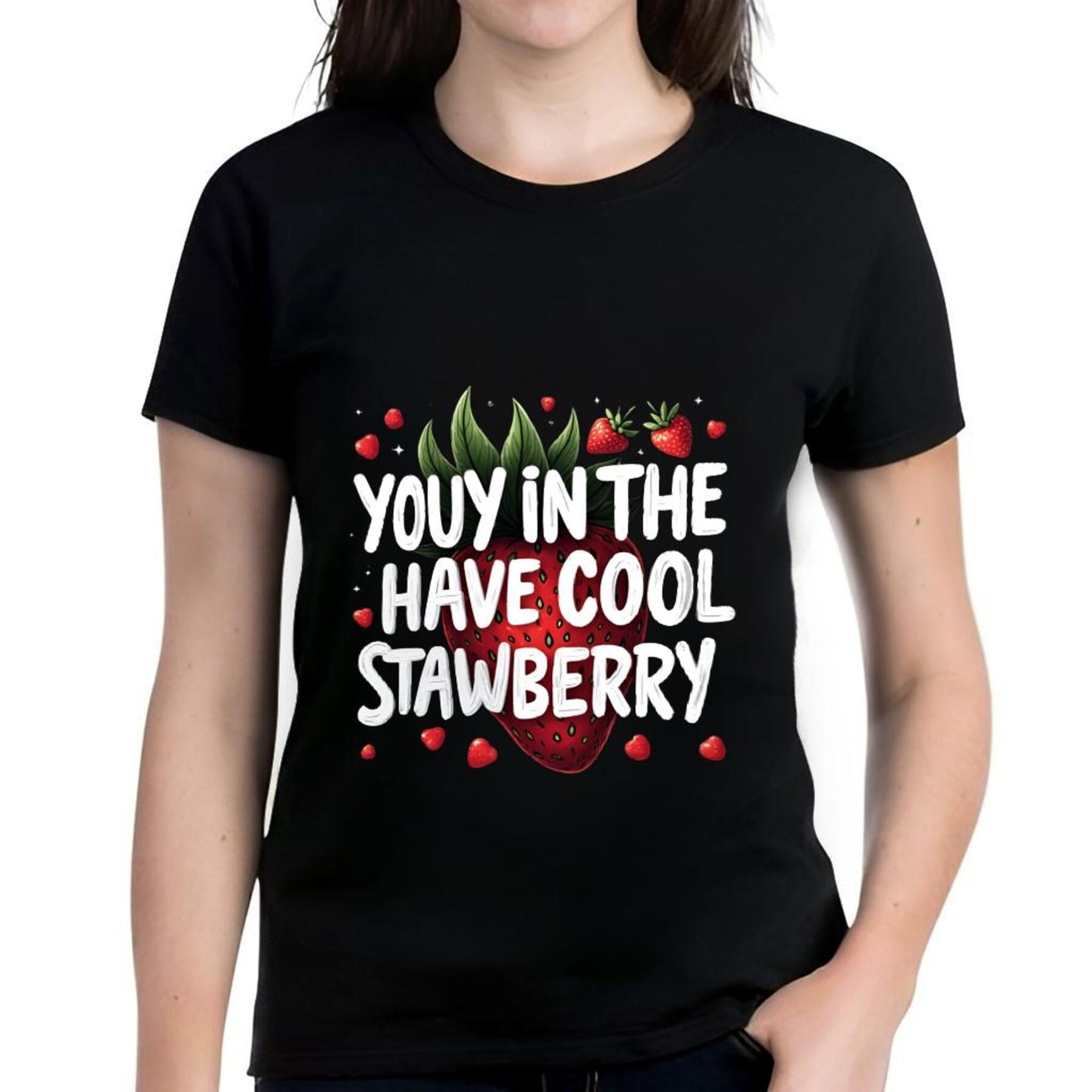 Cotton Short Sleeve T-Shirt with Large Red Strawberry Design Green ...