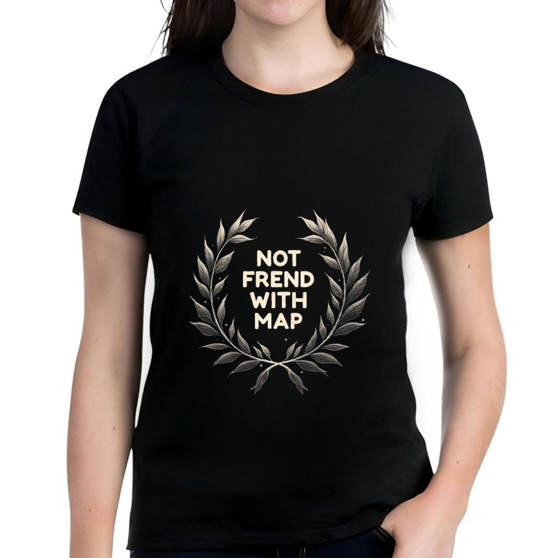 Cotton Short Sleeve T-Shirt with Laurel Branches Design - " NOT FRIEND ...