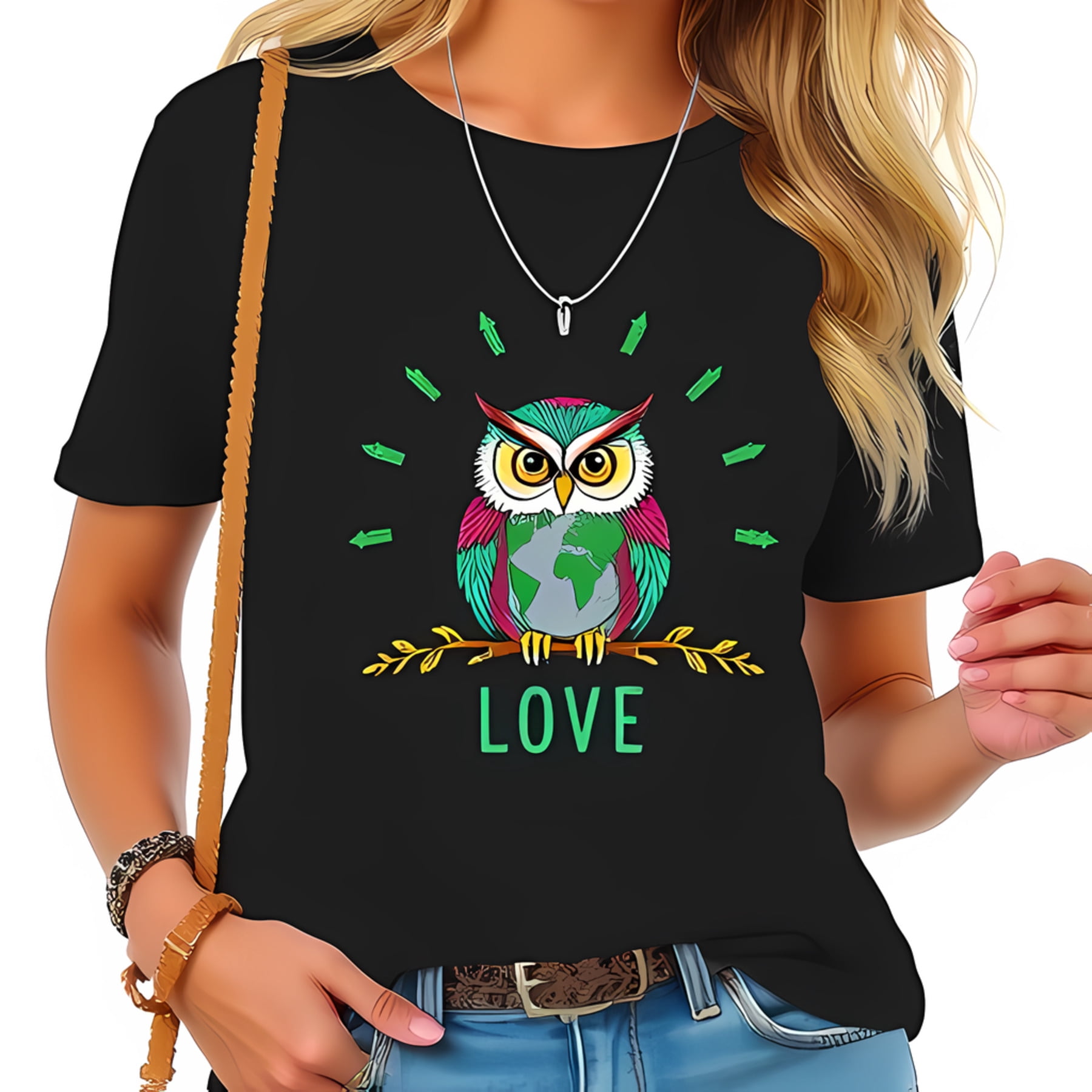 Cotton Short Sleeve T-Shirt with Owl & World Map Design 'LOVE' Message ...