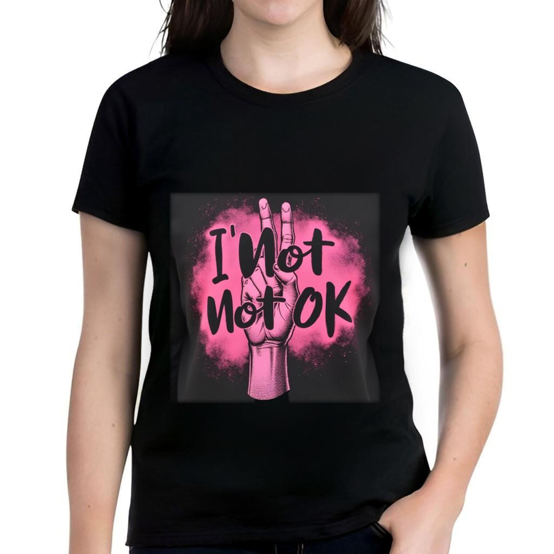 Cotton Short Sleeve T-Shirt with Pink Hand Peace Sign & 'I'm Not OK ...