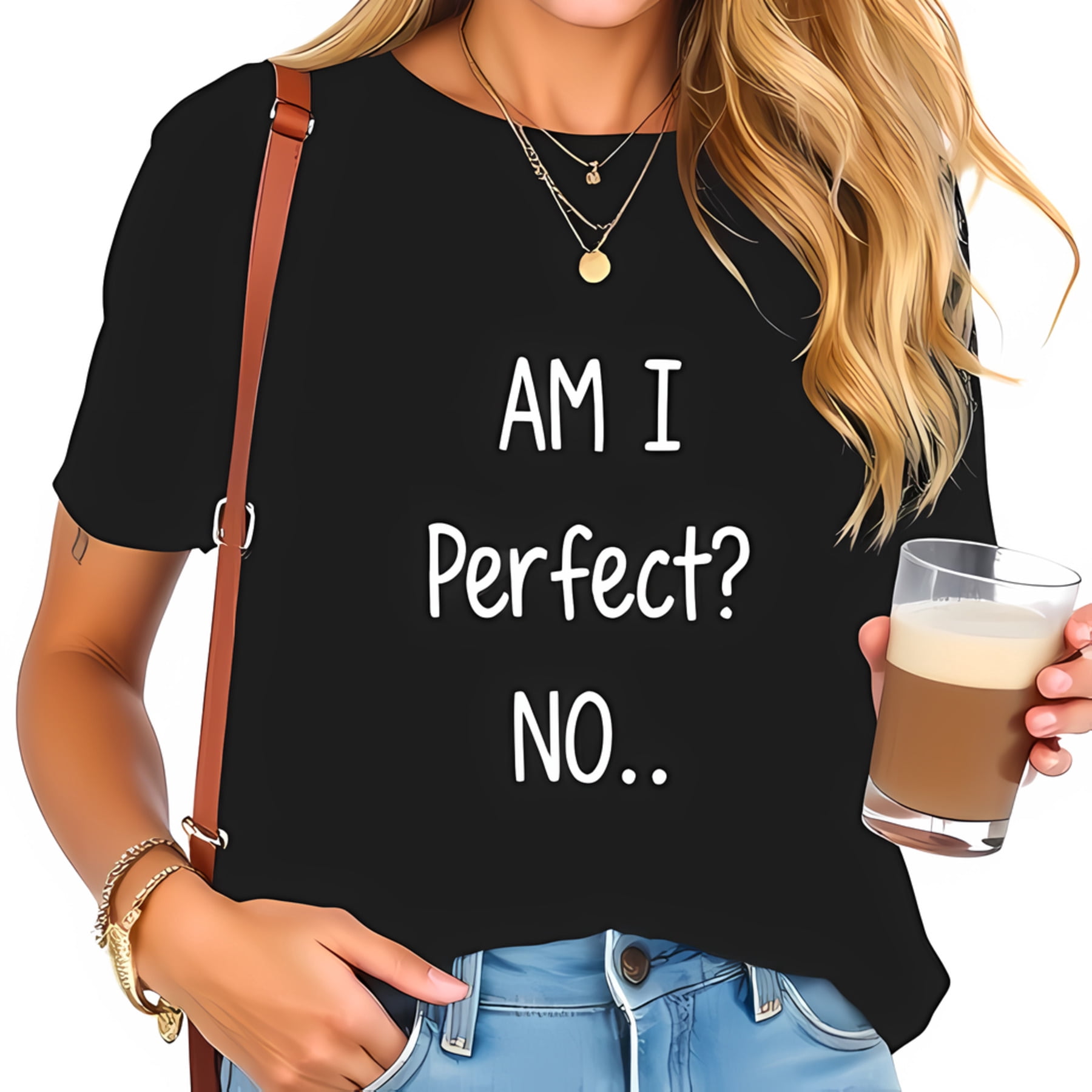 Cotton Short Sleeve T-Shirt with Playful Text " AM I Perfect? NO ...