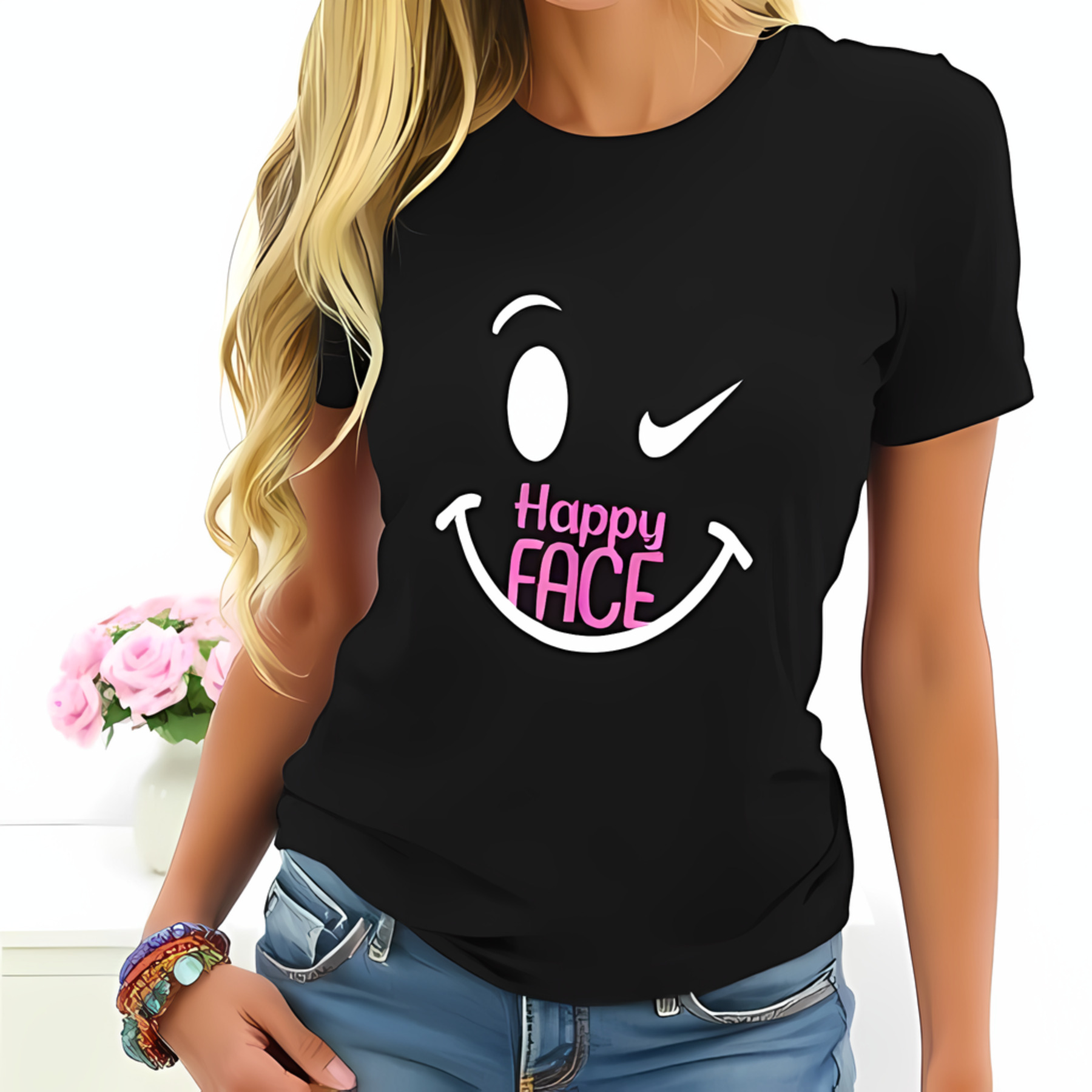 Cotton Short Sleeve T-Shirt with Playful Winking Graphic & " Happy Face ...