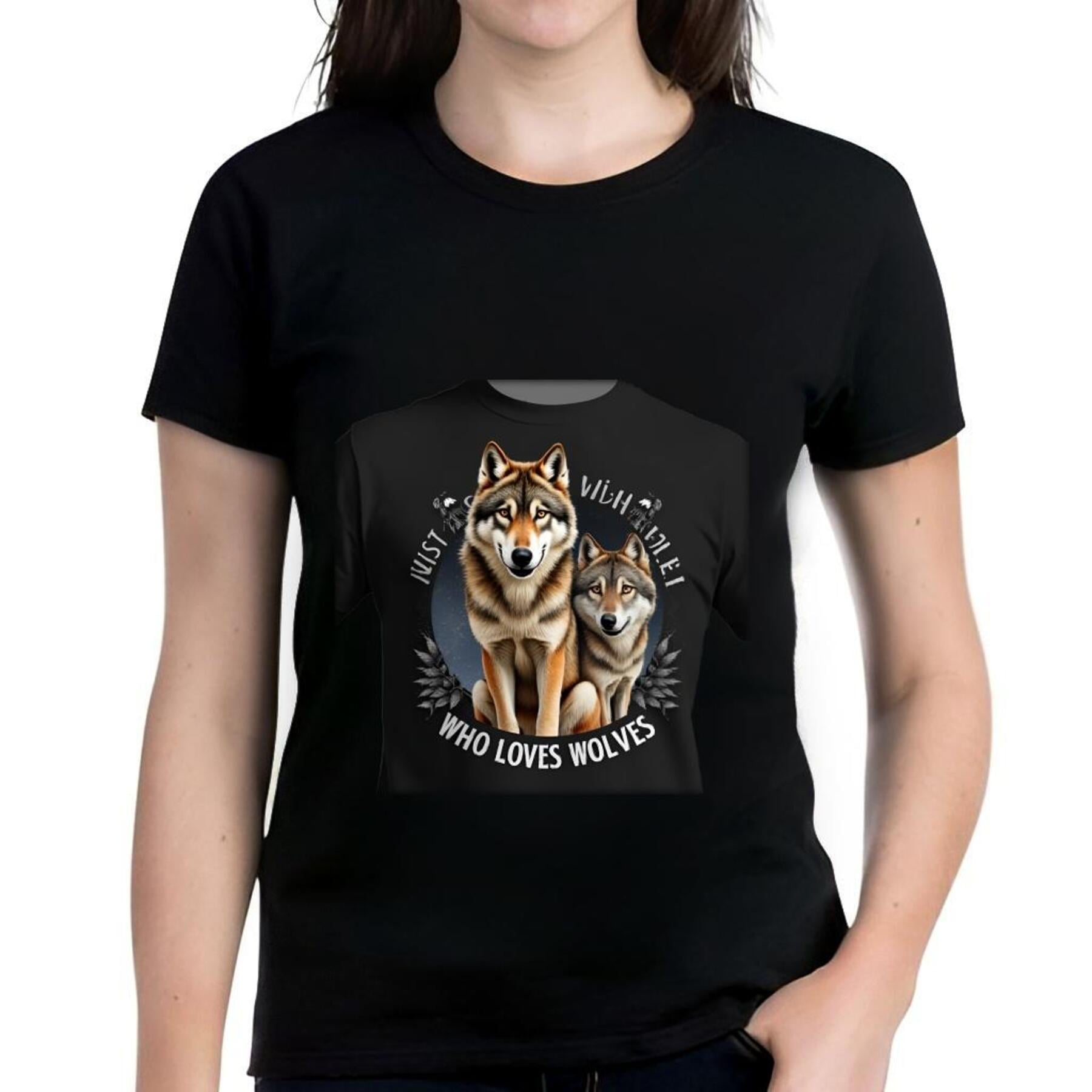 Cotton Short Sleeve T-Shirt with Realistic Wolves Graphic Design Leaves ...
