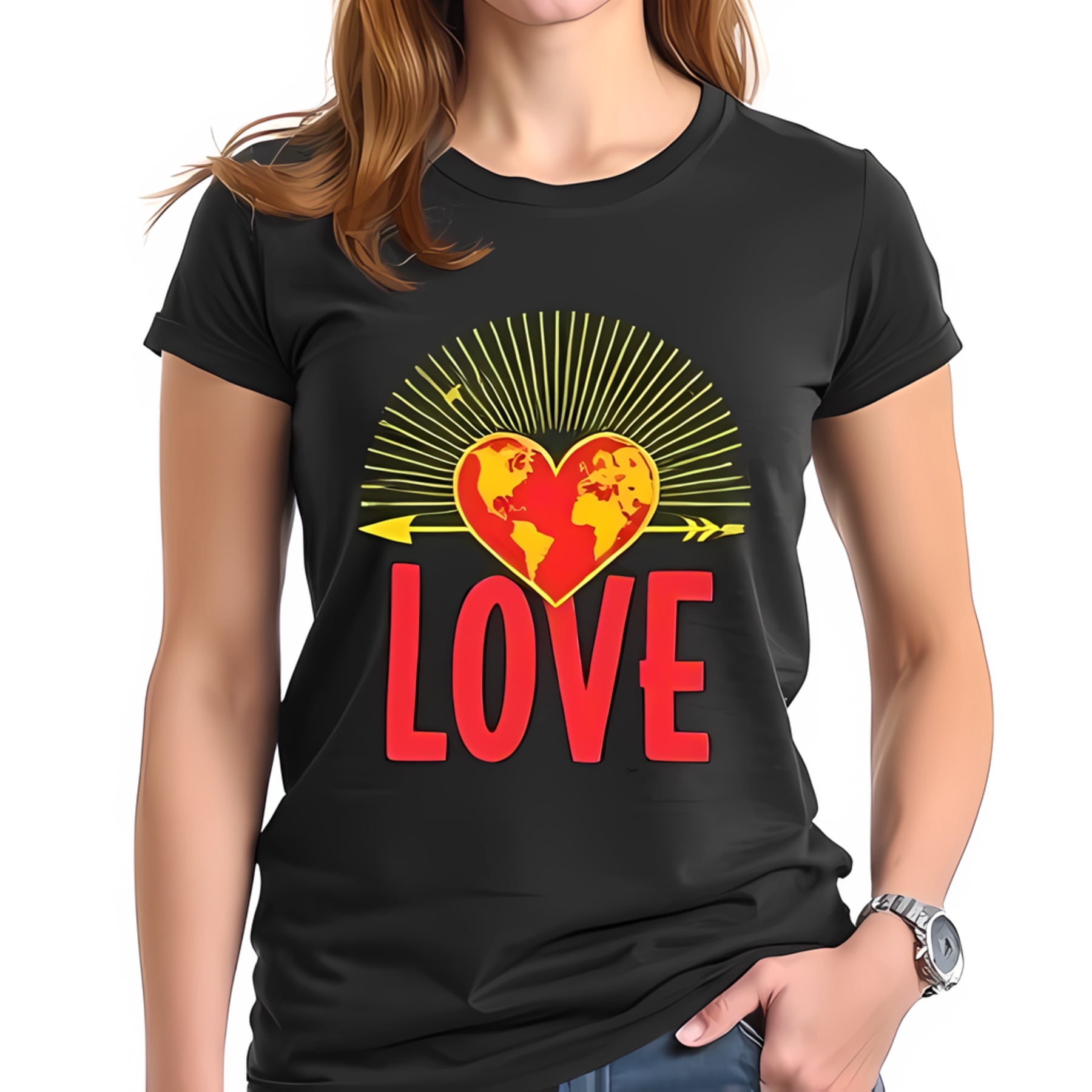 Cotton Short Sleeve T-Shirt with Red Heart World Map Graphic & Yellow ...