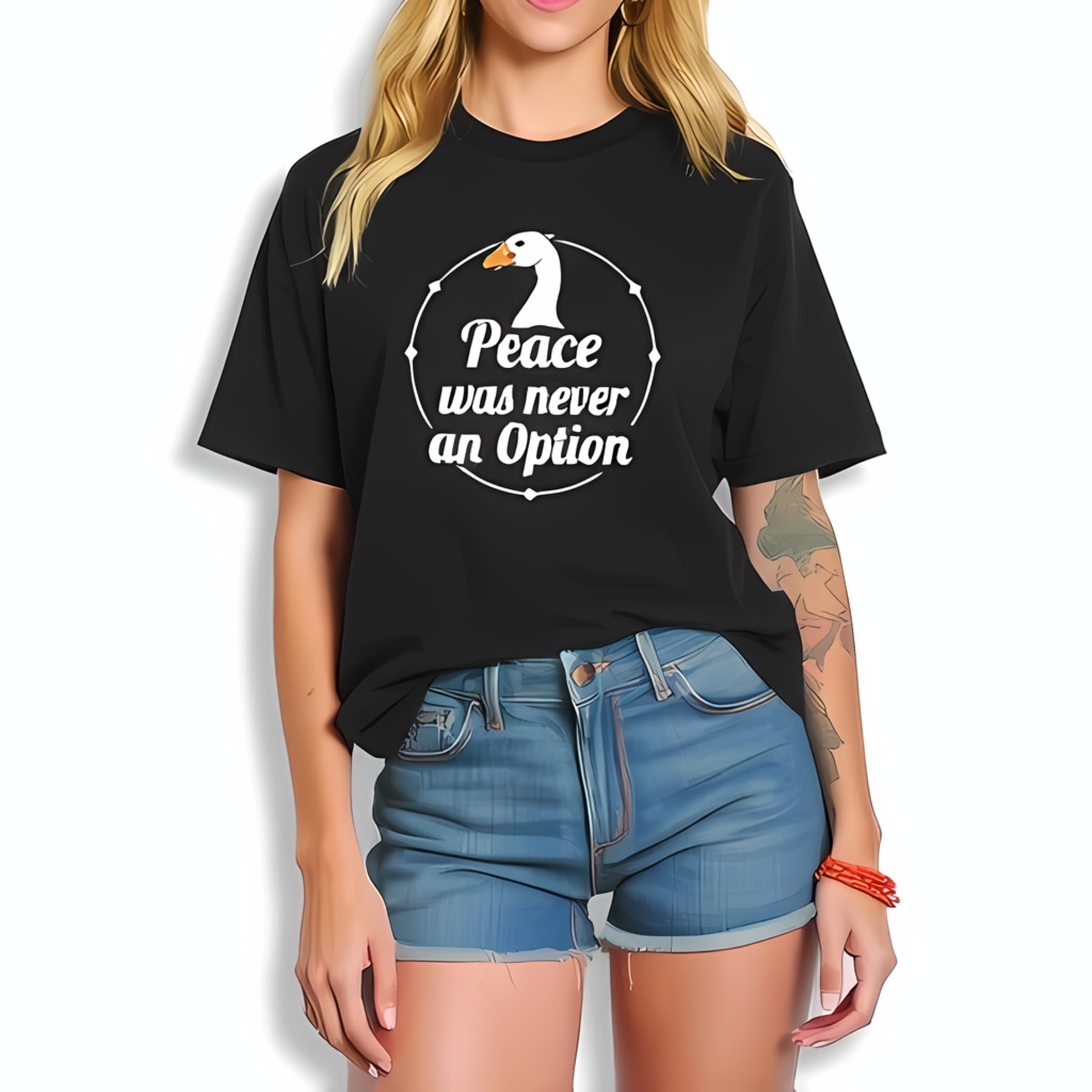 Cotton Short Sleeve T-Shirt with Retro Goose Graphic & 'Peace was Never ...