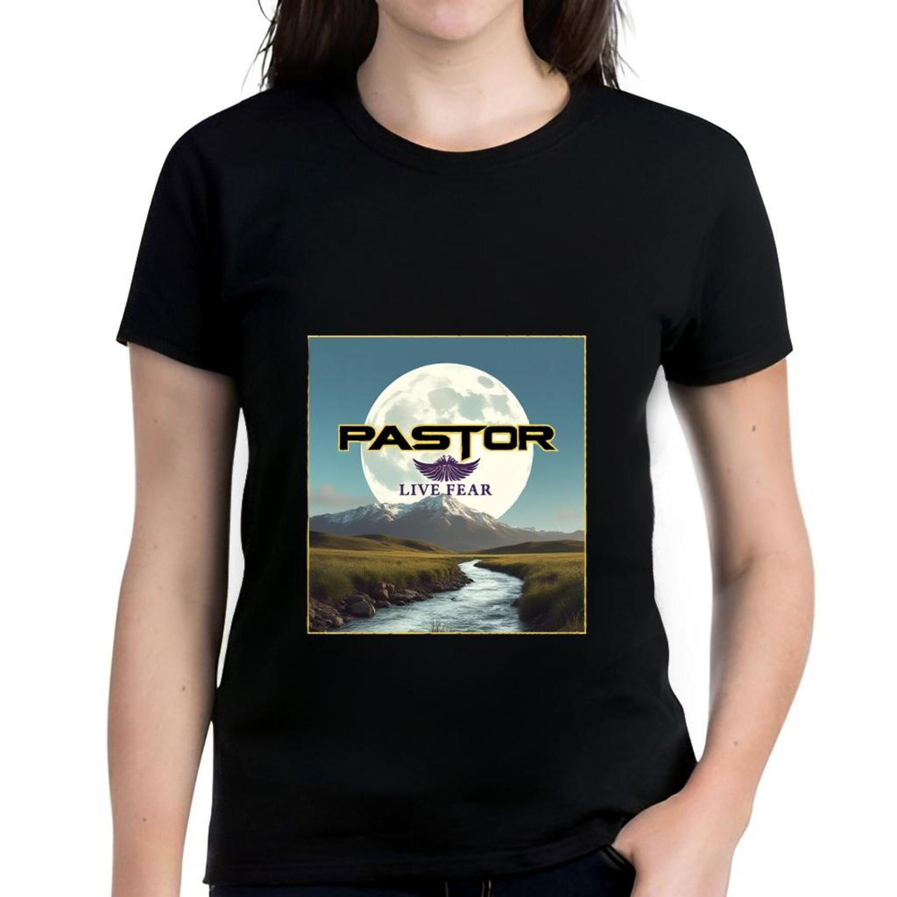 Cotton Short Sleeve T-Shirt with Serene Landscape Graphic Full Moon & 'PASTOR' Text - Tranquil ...