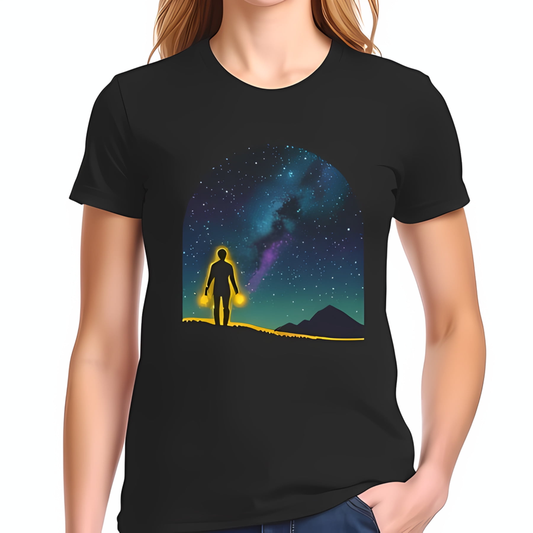 Cotton Short Sleeve T-Shirt with Starry Night Sky Design Figure ...