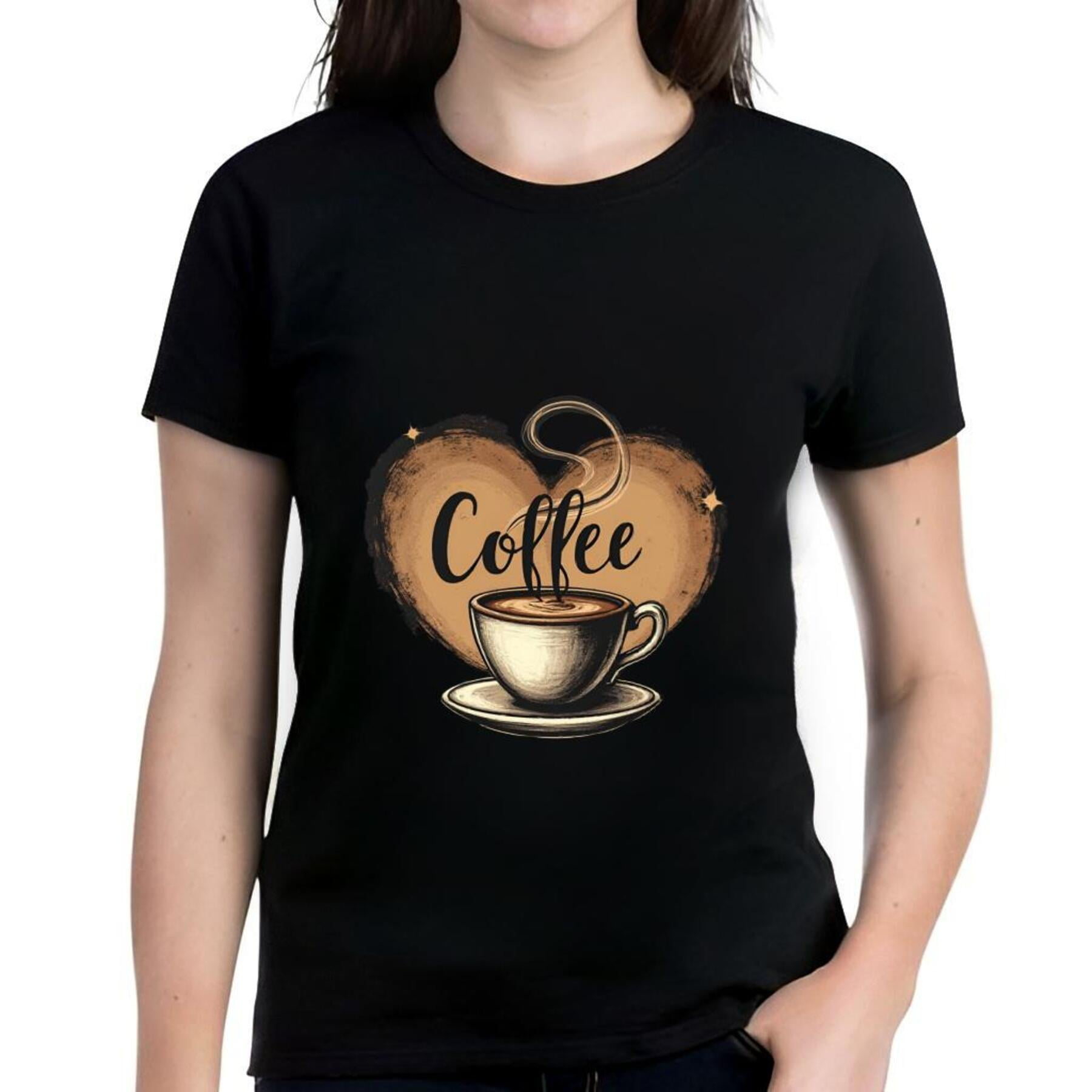 Cotton Short Sleeve T-Shirt with Steaming Coffee Cup Design and Cursive ...