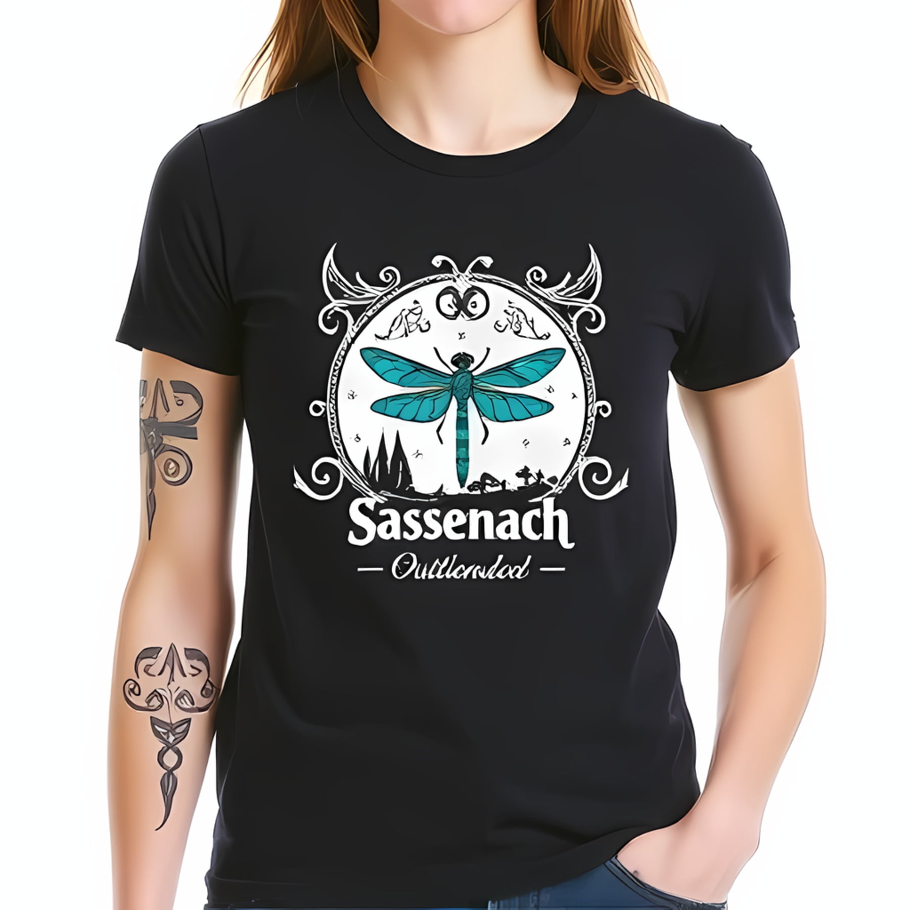 Cotton Short Sleeve T-Shirt with Teal Dragonfly & Knotwork Design - Sassenach Outlander Inspired ...