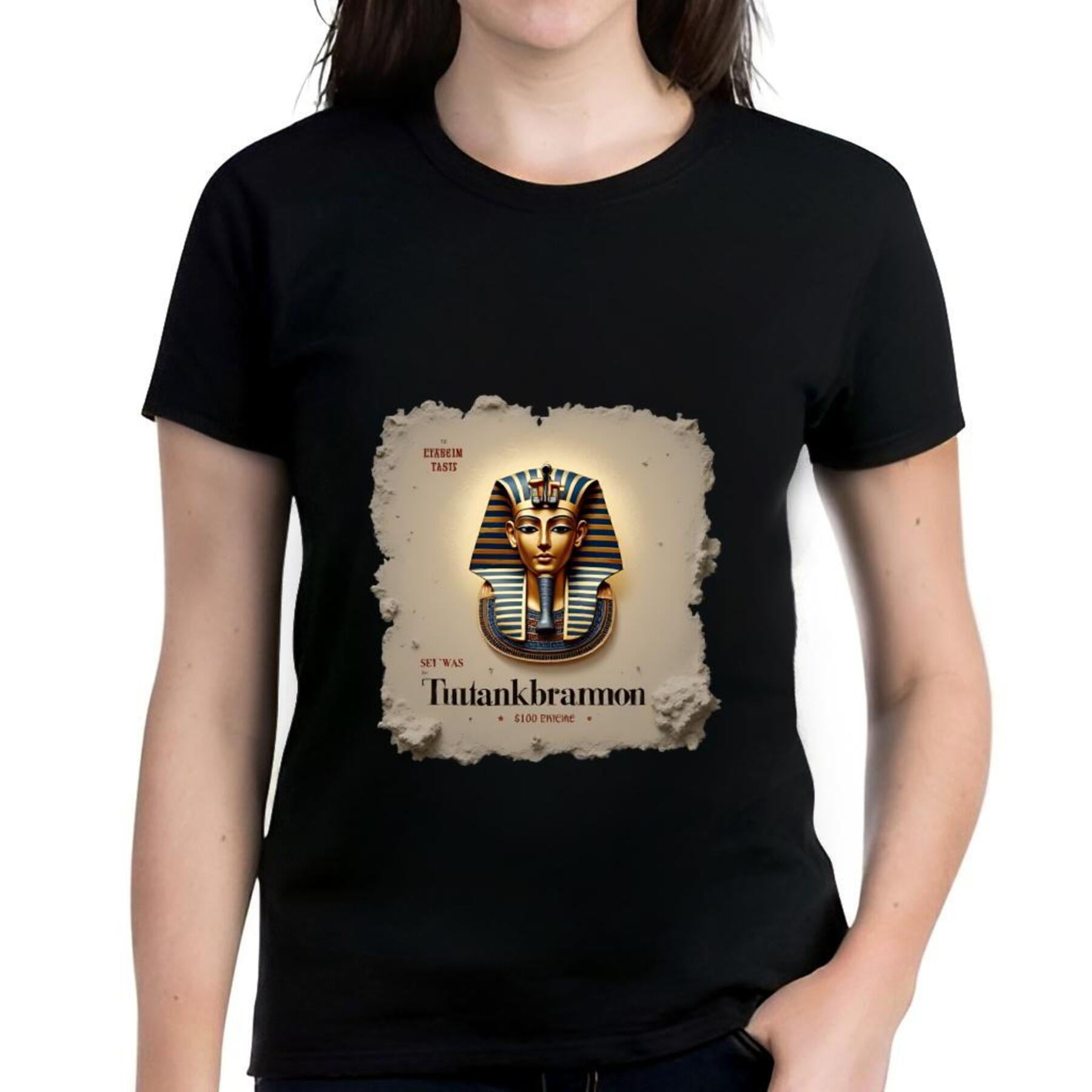Cotton Short Sleeve T-Shirt with Tutankhamun Mask Design & Aged Background - Unique " MAKED TAS ...