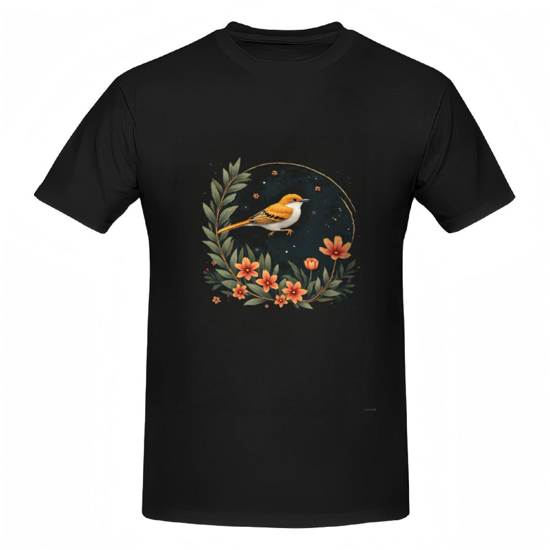 Cotton Short Sleeve T-Shirt with Vibrant Bird and Floral Pattern ...