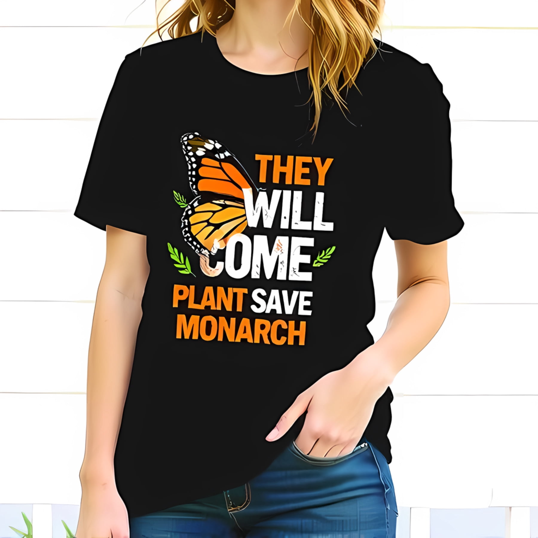 Cotton Short Sleeve T-Shirt with Vibrant Monarch Butterfly Design ...