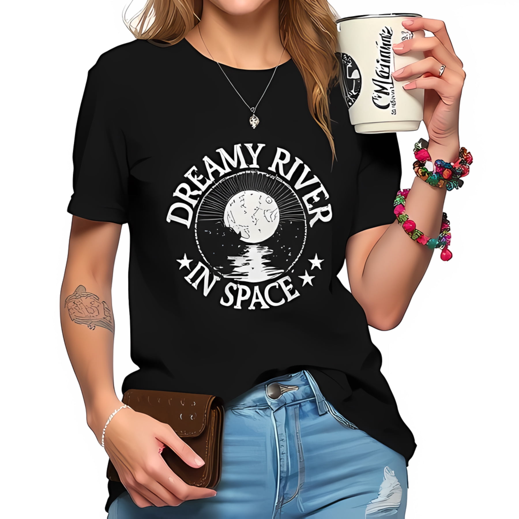 Cotton Short Sleeve T-Shirt with Vintage Moon and Water Reflection ...