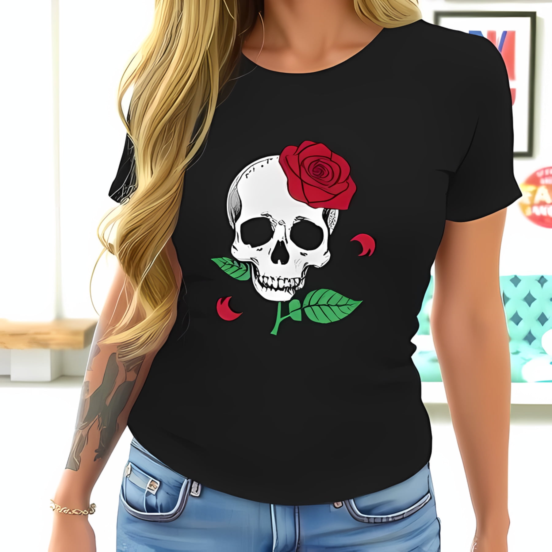 Cotton Short Sleeve T-Shirt with Vintage and Red Rose Graphic Design ...