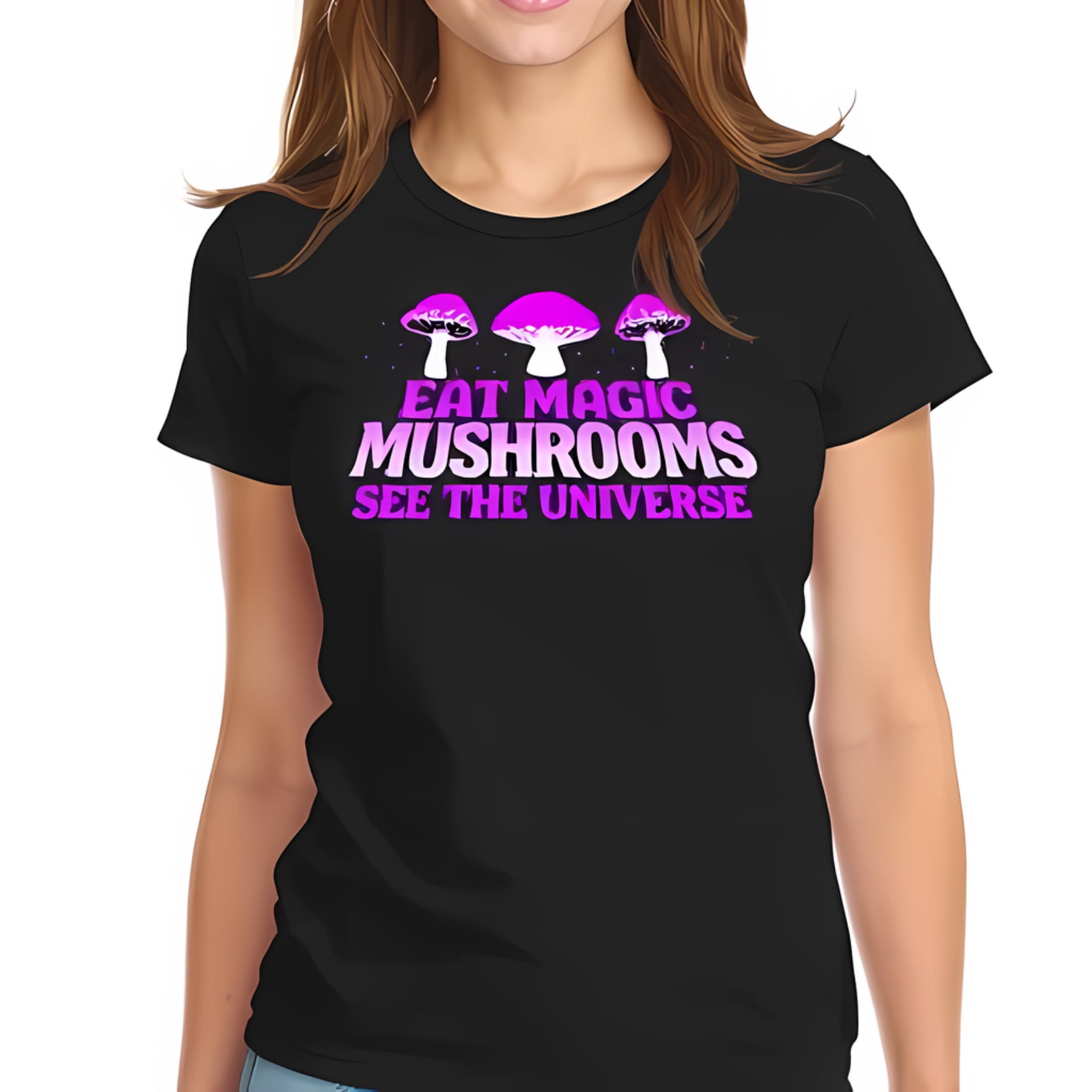 Cotton Short Sleeve T-Shirt with Whimsical Pink Mushroom Graphic - 'EAT ...
