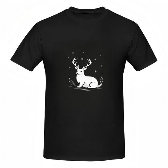 Cotton Short Sleeve T-Shirt with White Deer Graphic Antlers & Laurel ...