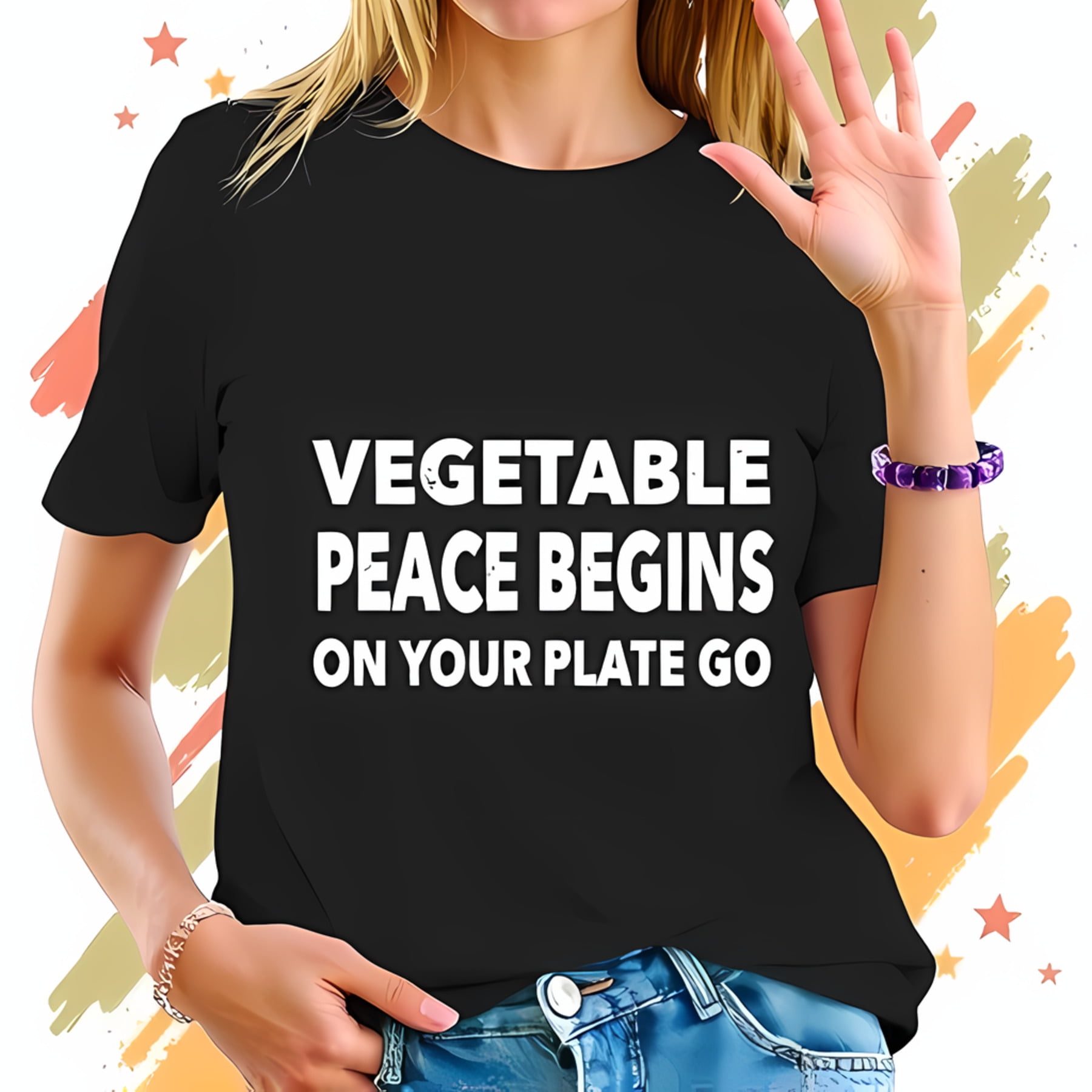 Cotton Short Sleeve T-Shirt with Witty 'Vegetable Peace Begins On Your ...