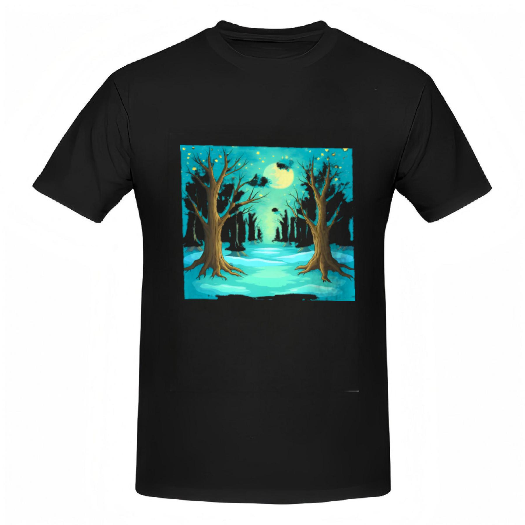 Cotton Short Sleeve T-Shirts for Women - Serene Nighttime Forest Scene ...