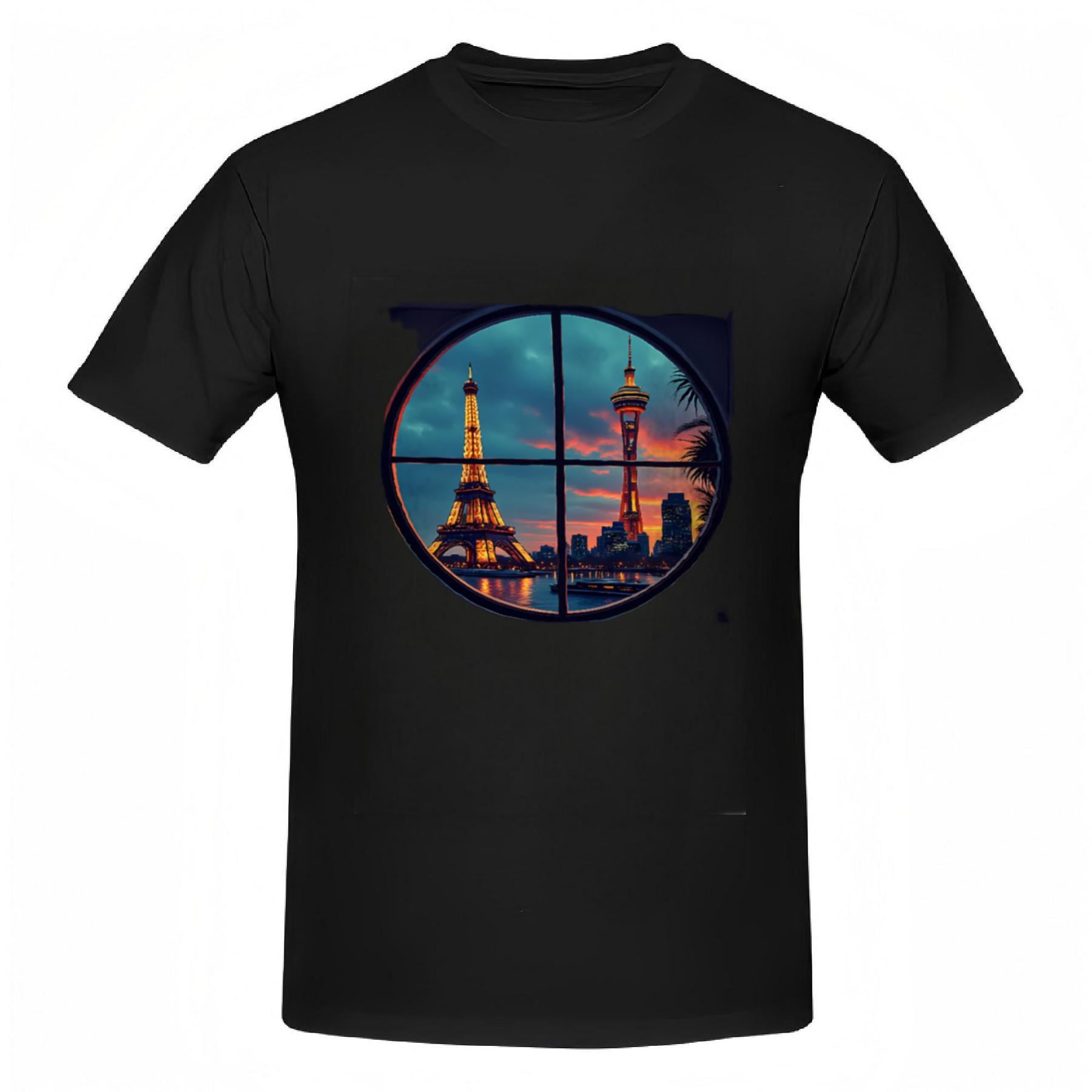 Cotton Short Sleeve T-Shirts with Scenic Paris Design - Sunset Pattern ...