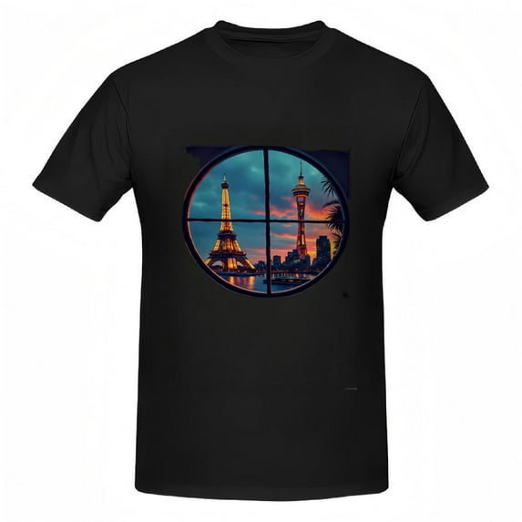 Cotton Short Sleeve T-Shirts with Scenic Paris Design - Sunset Pattern ...