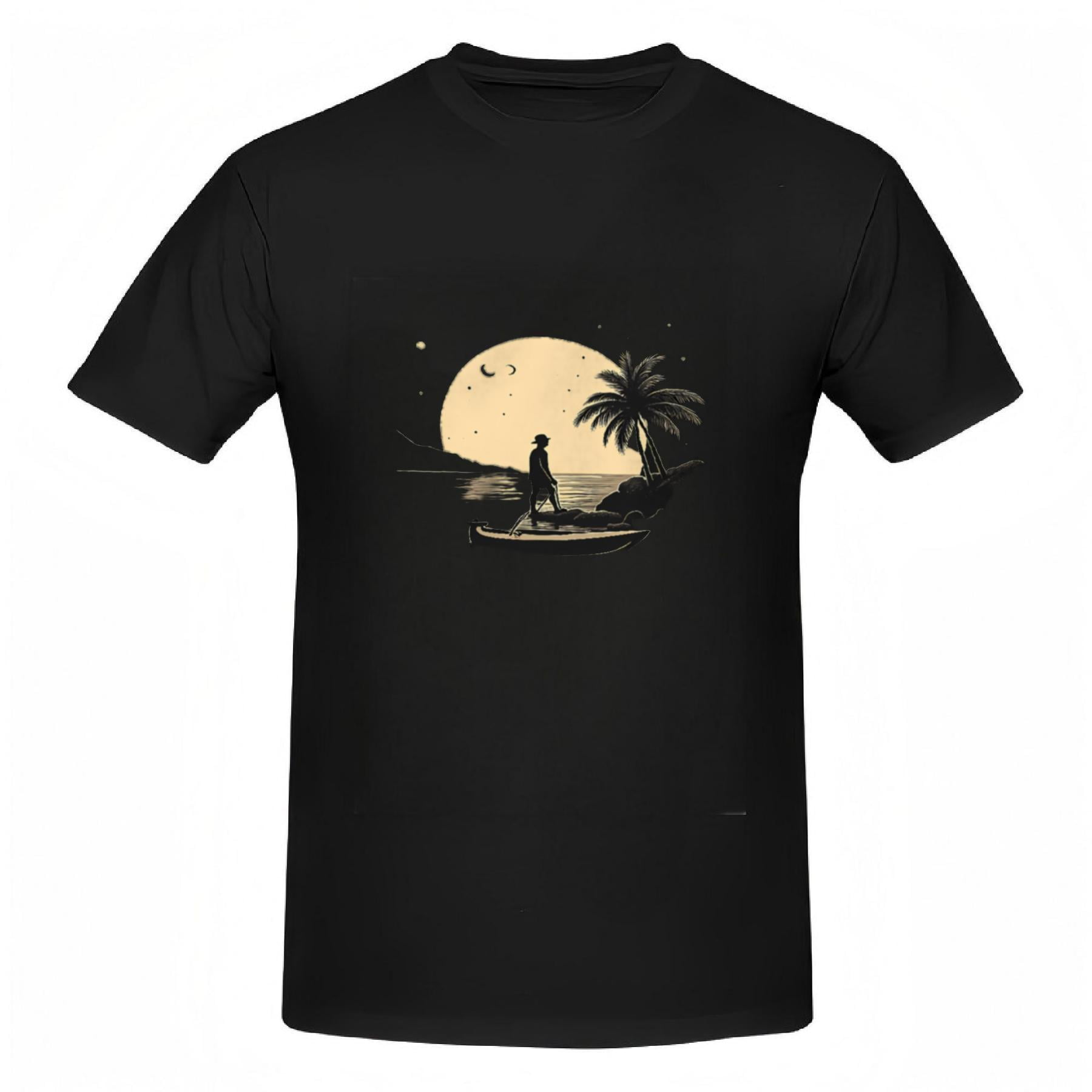 Cotton Short Sleeve T-Shirts with Serene Beach Scene Design - Moonlit ...