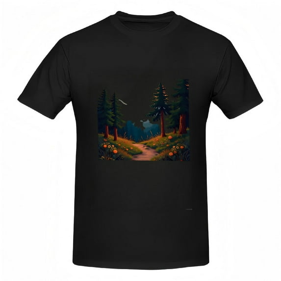 Cotton Short Sleeve T-Shirts with Serene Forest Night Scene Design - Pine Trees Lanterns Moon ...