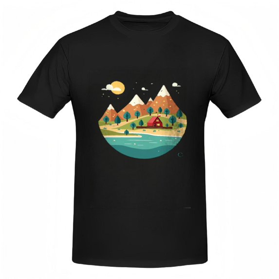 Cotton Short Sleeve T-Shirts with Serene Mountain Landscape Print ...